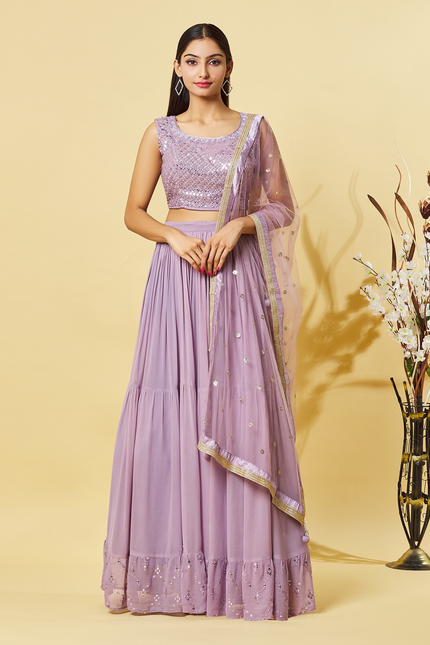 Buy Purple Choli Georgette Embroidery Abla Round Neck Lehenga Set For ...