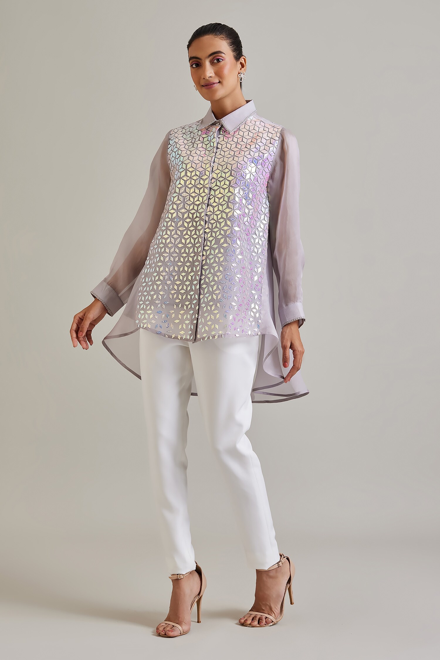 Buy Grey Silk Organza Embellished Geometric Applique Ostara Hand Shirt ...
