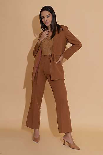 Buy Brown Heavy Blended Crepe Solid Flared Hem Trouser For Women by ...