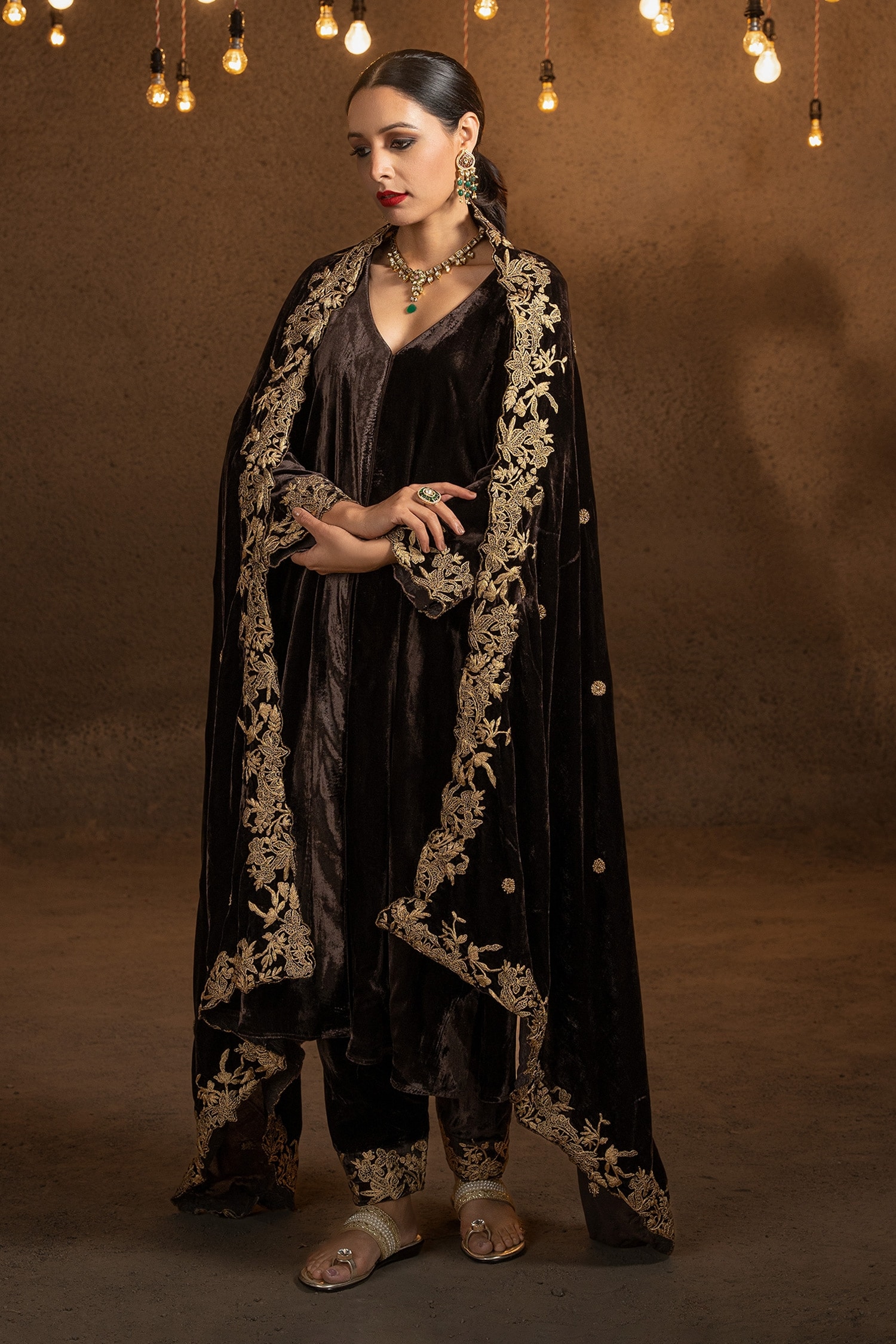 Buy Brown Silk Velvet Embroidery Zari V Neck Kurta Set For Women by ...