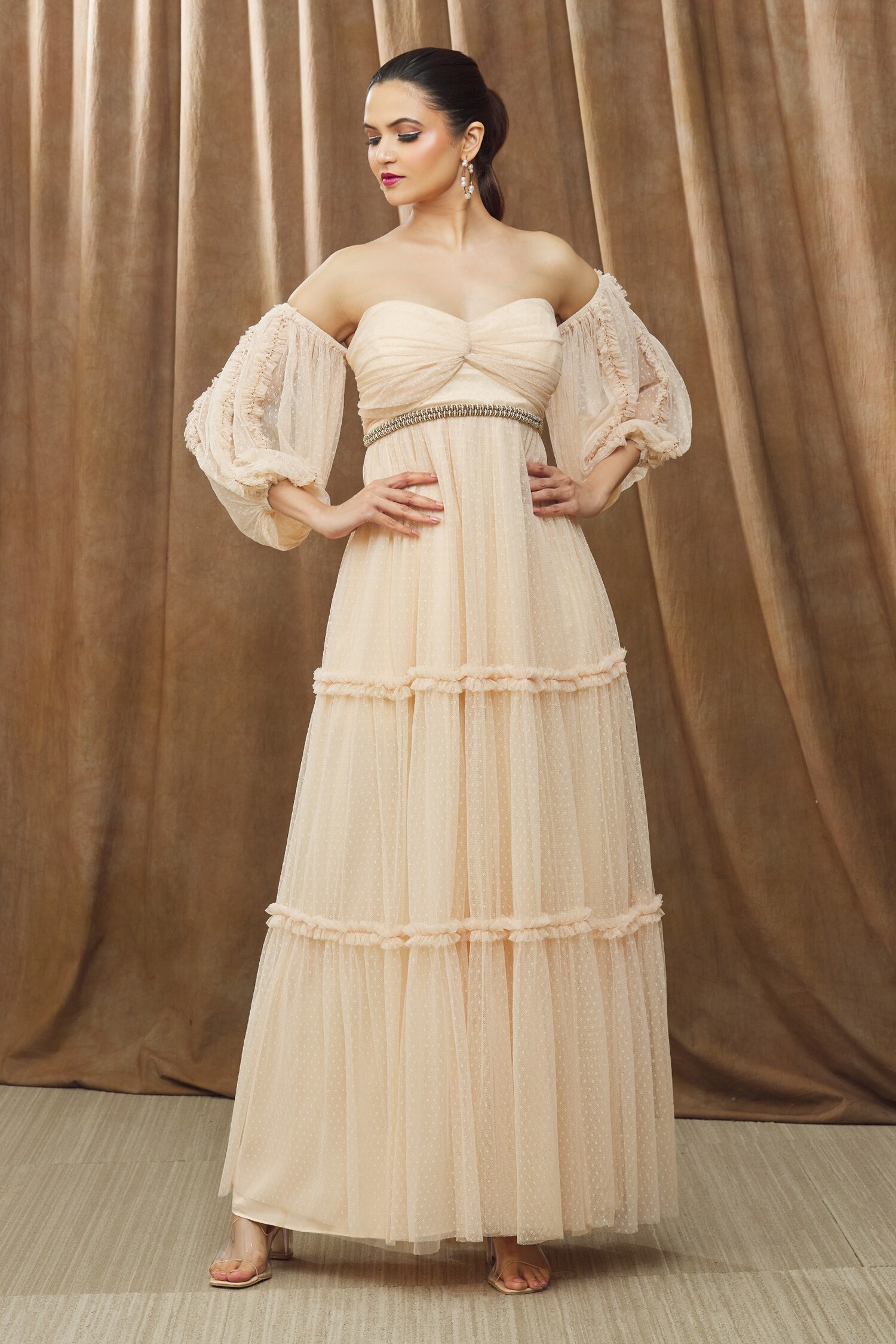 Buy Peach Shell Dot Net Sweetheart Daphne Off-shoulder Maternity Gown ...