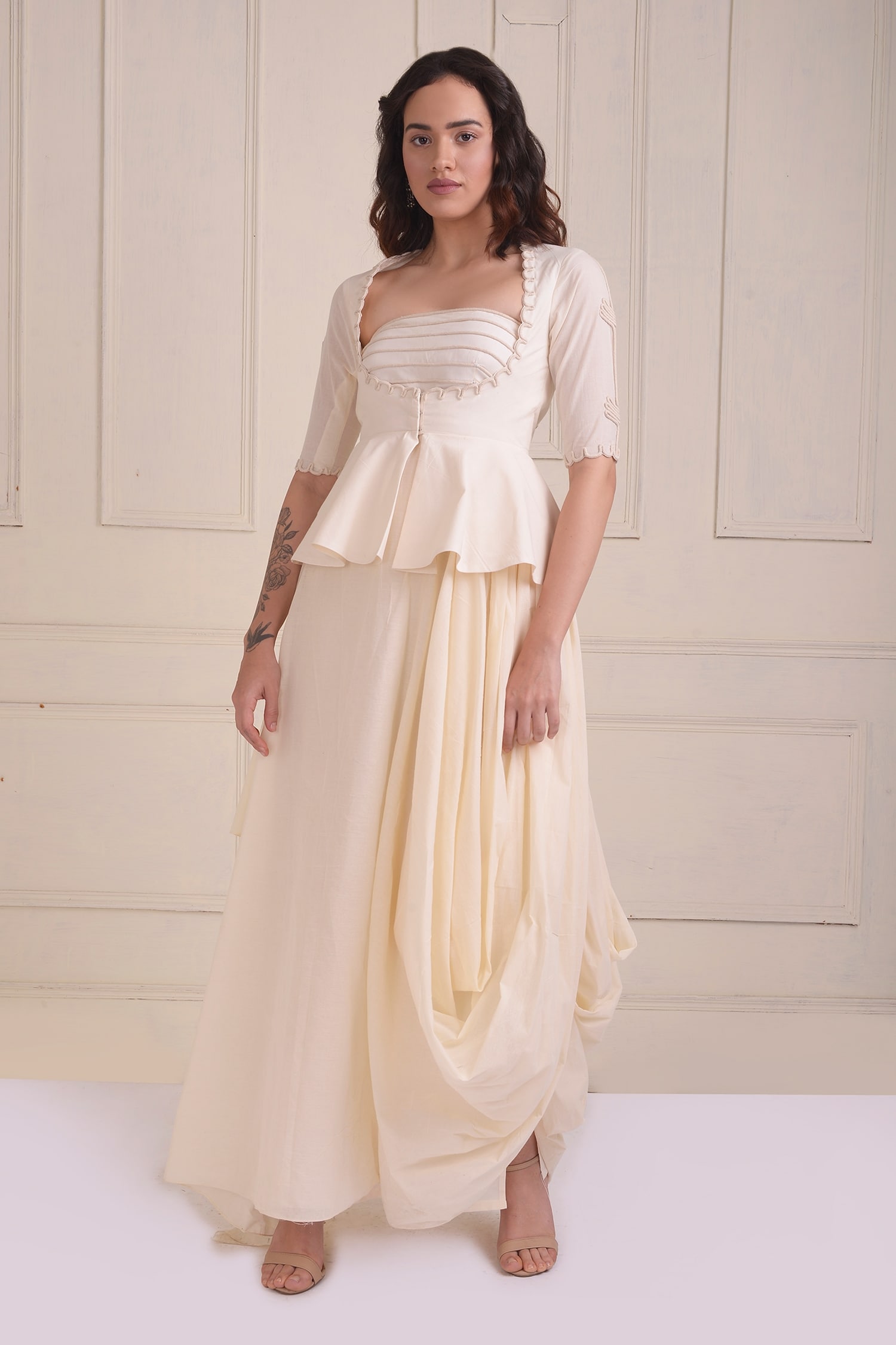 Buy Ivory Organic Cotton Embroidered Cord Work Gown Straight Draped And ...