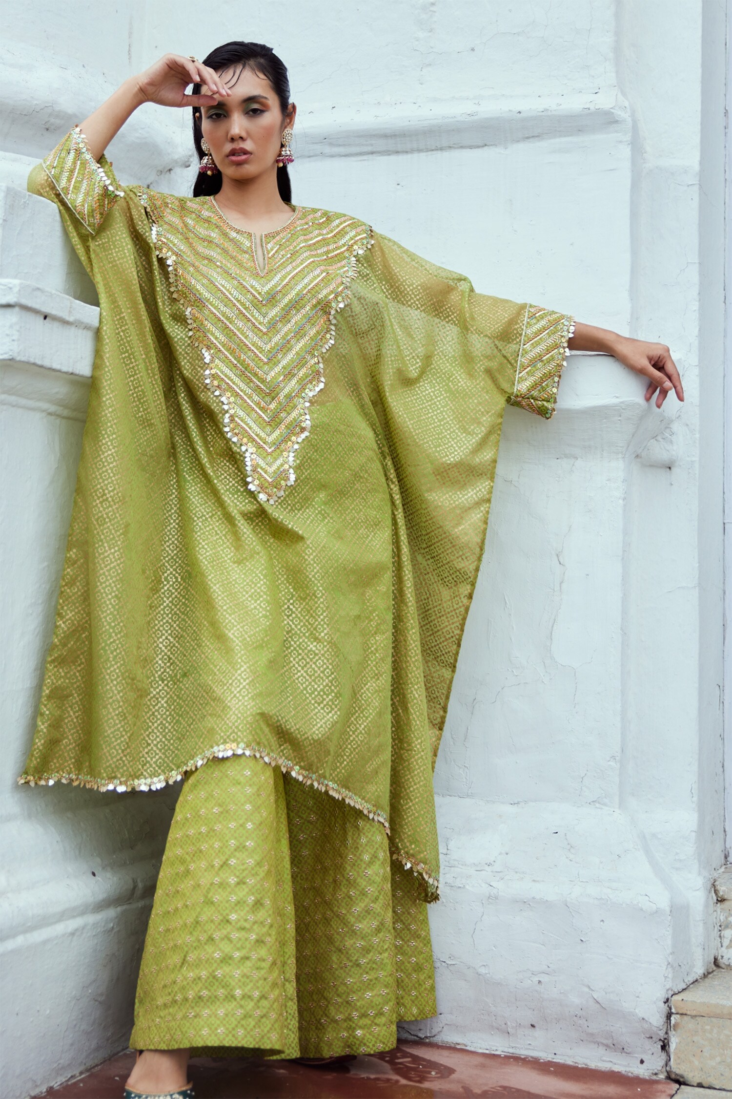 Buy Moledro Green Aria Chanderi Brocade Kaftan And Pant Set Online ...