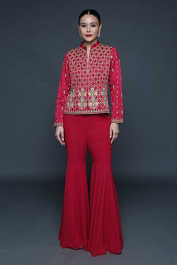 Buy Red Modal Embroidered Mughal Jaal Band Collar Bundi And Palazzo Set ...