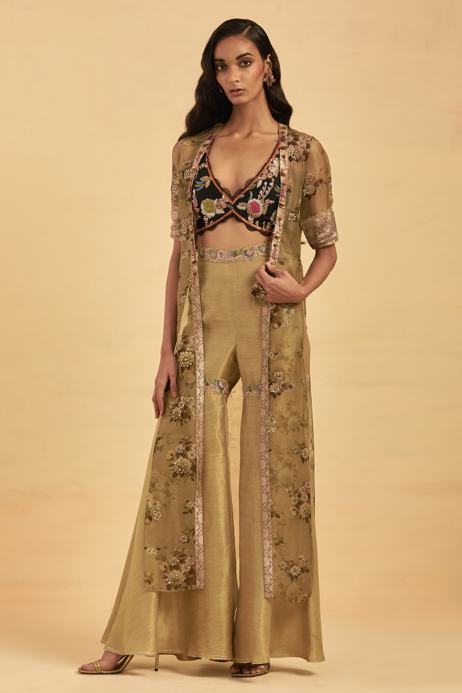 Buy Beige Silk Hand Embroidery Floral Vintage Print Cape Palazzo Set ...
