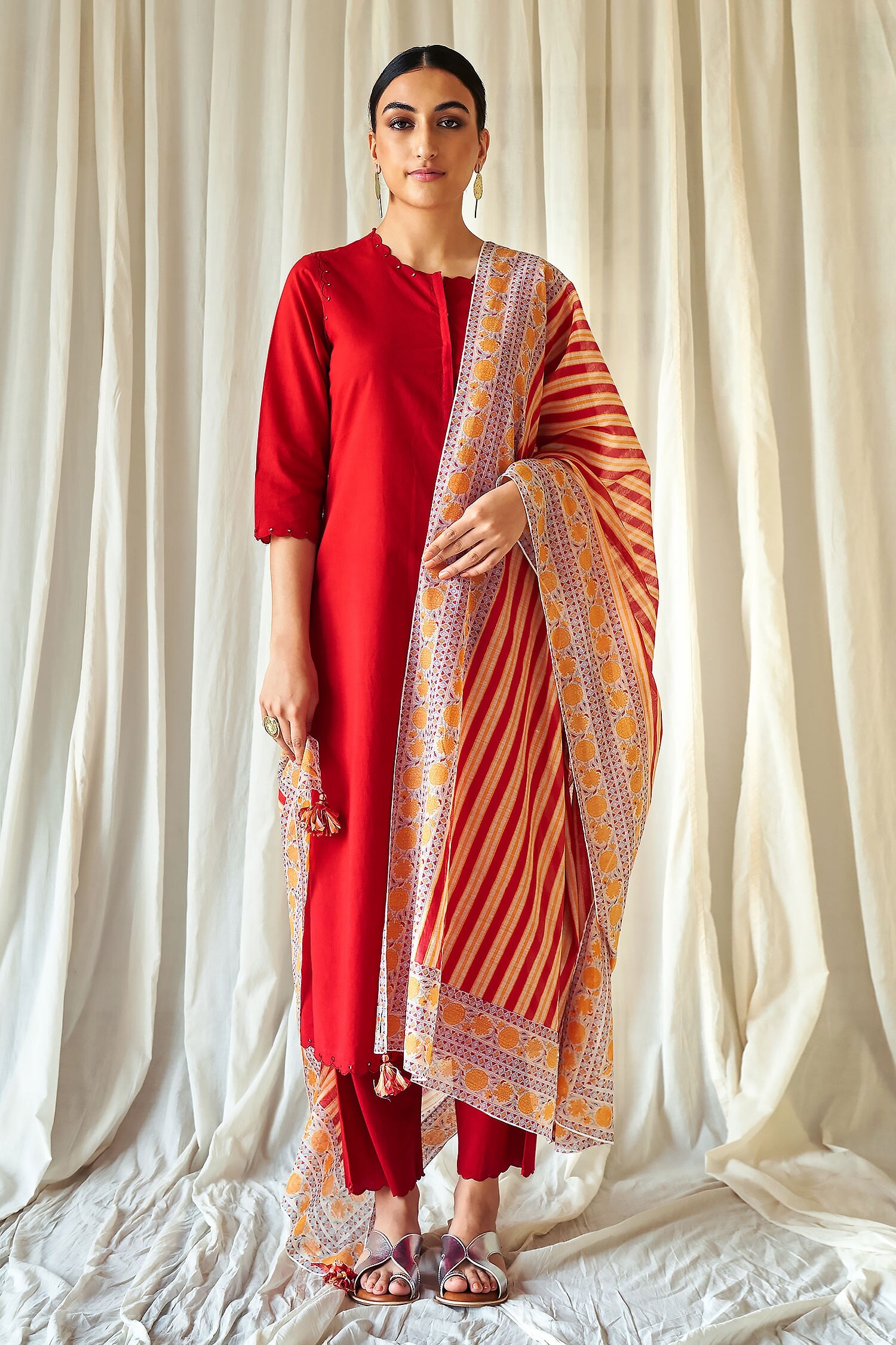 Buy Red Cotton Printed And Embroidered Marigold Kurta Set With Dupatta ...