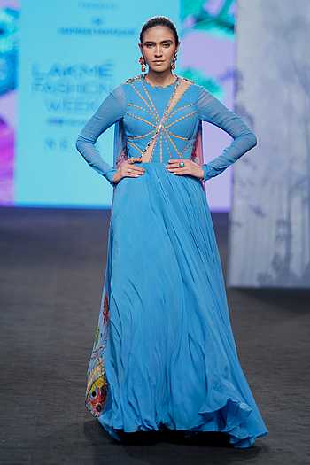 Buy Blue Georgette Embroidery Mirror Stripe Pattern Anarkali With ...