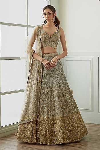 Buy Grey Organza Embroidery Floral Geometric Heera Bridal Lehenga Set ...