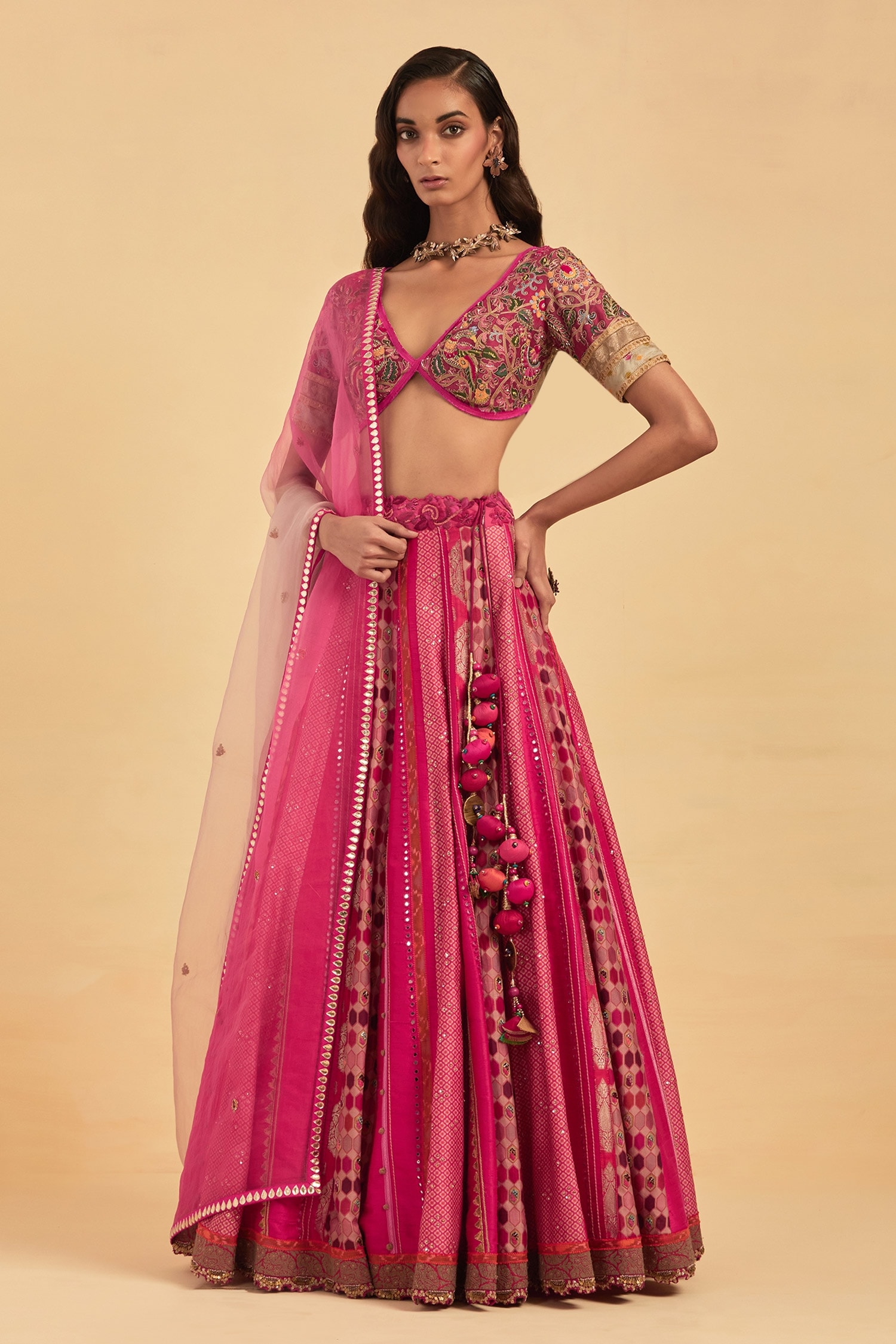 Buy Pink Silk Hand Embellished And Embroidered Mirror Bridal Lehenga ...