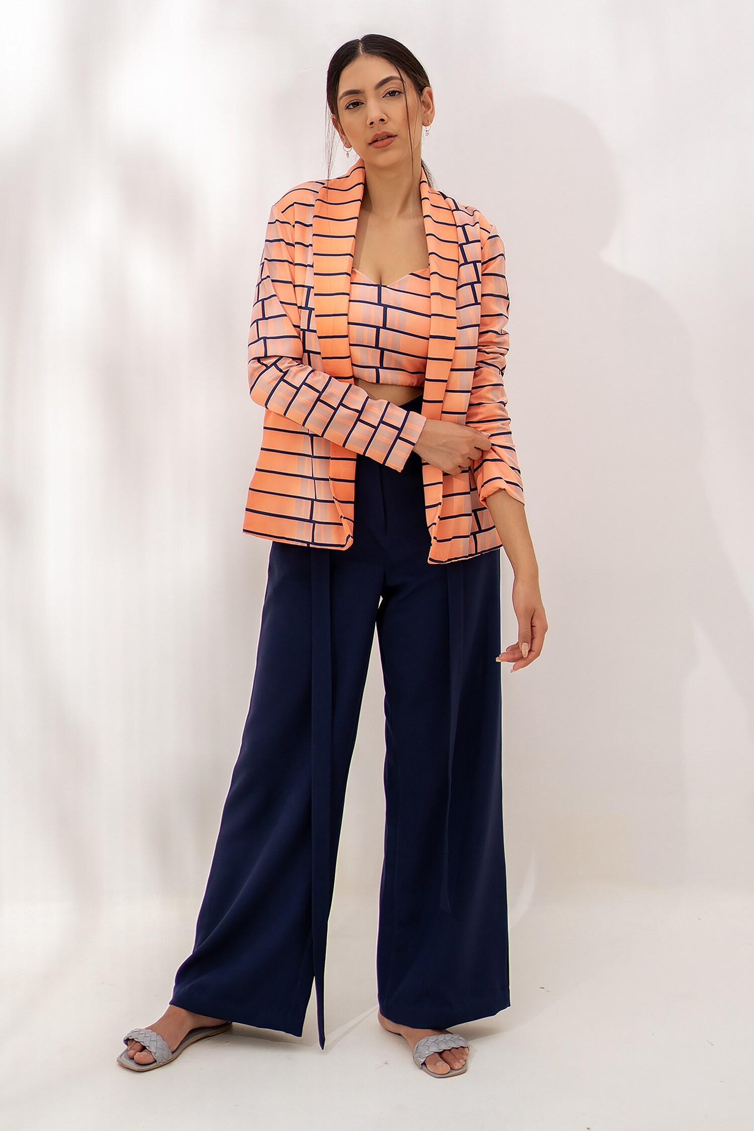 Buy Blue Papaya Twill Printed Stripes Blazer: Shawl Collar Tassel Pant ...