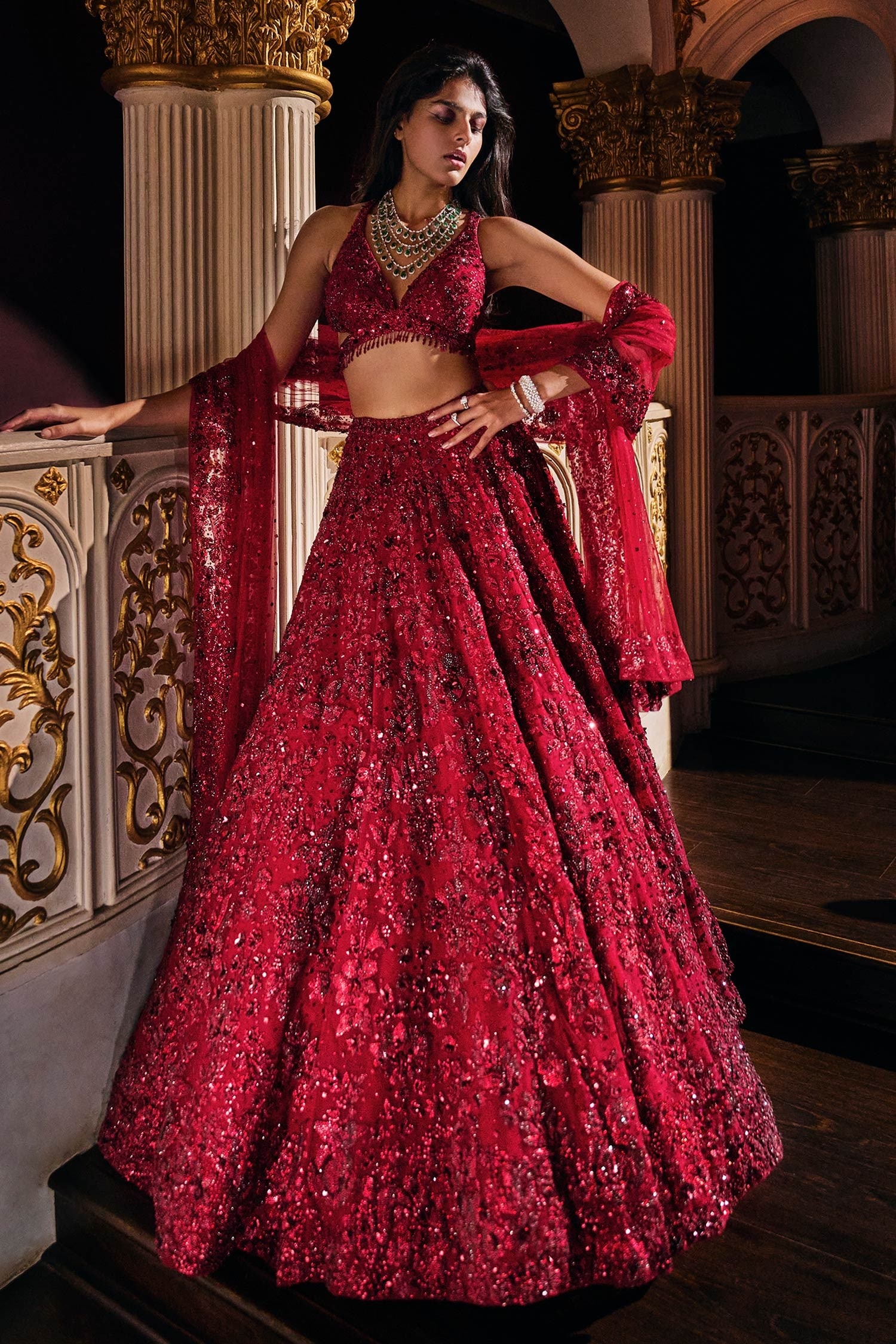 Buy Maroon Net Embroidered Sequin Plunge V Neck Bridal Lehenga Set For