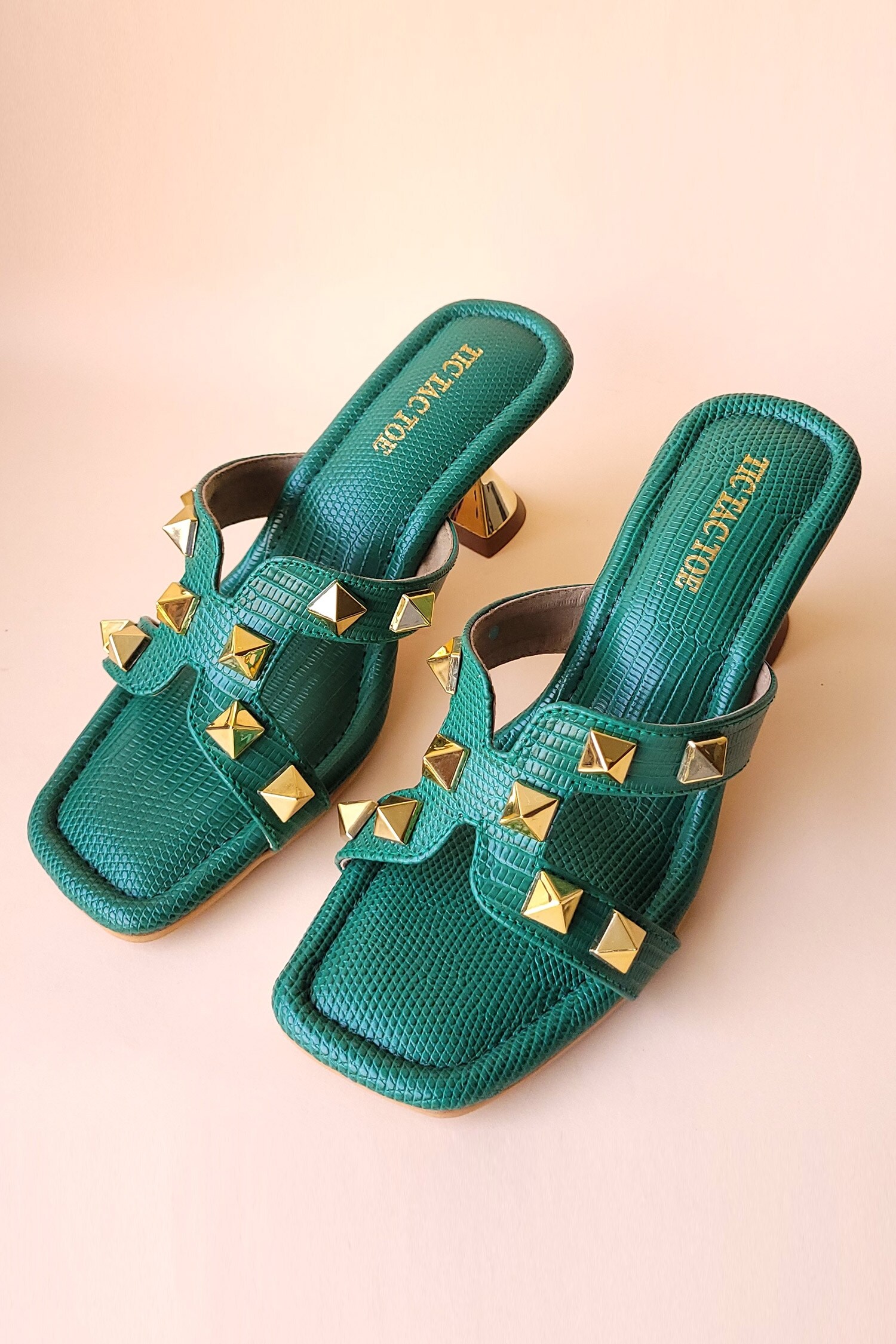 Buy Green Embellished Stud Spool Heels by Tic Tac Toe Footwear Online ...