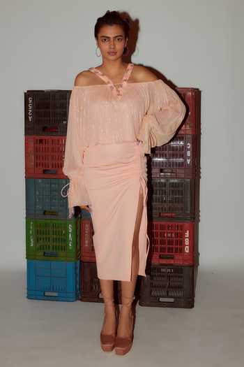 Buy Nirmooha Peach Micro Draw String Detail Draped Skirt Online | Aza ...