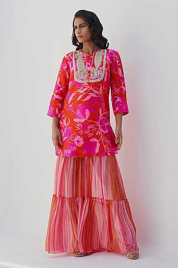 Buy Red Silk Pomegranate Round Granduer Pomo Pattern Kurta And Sharara ...