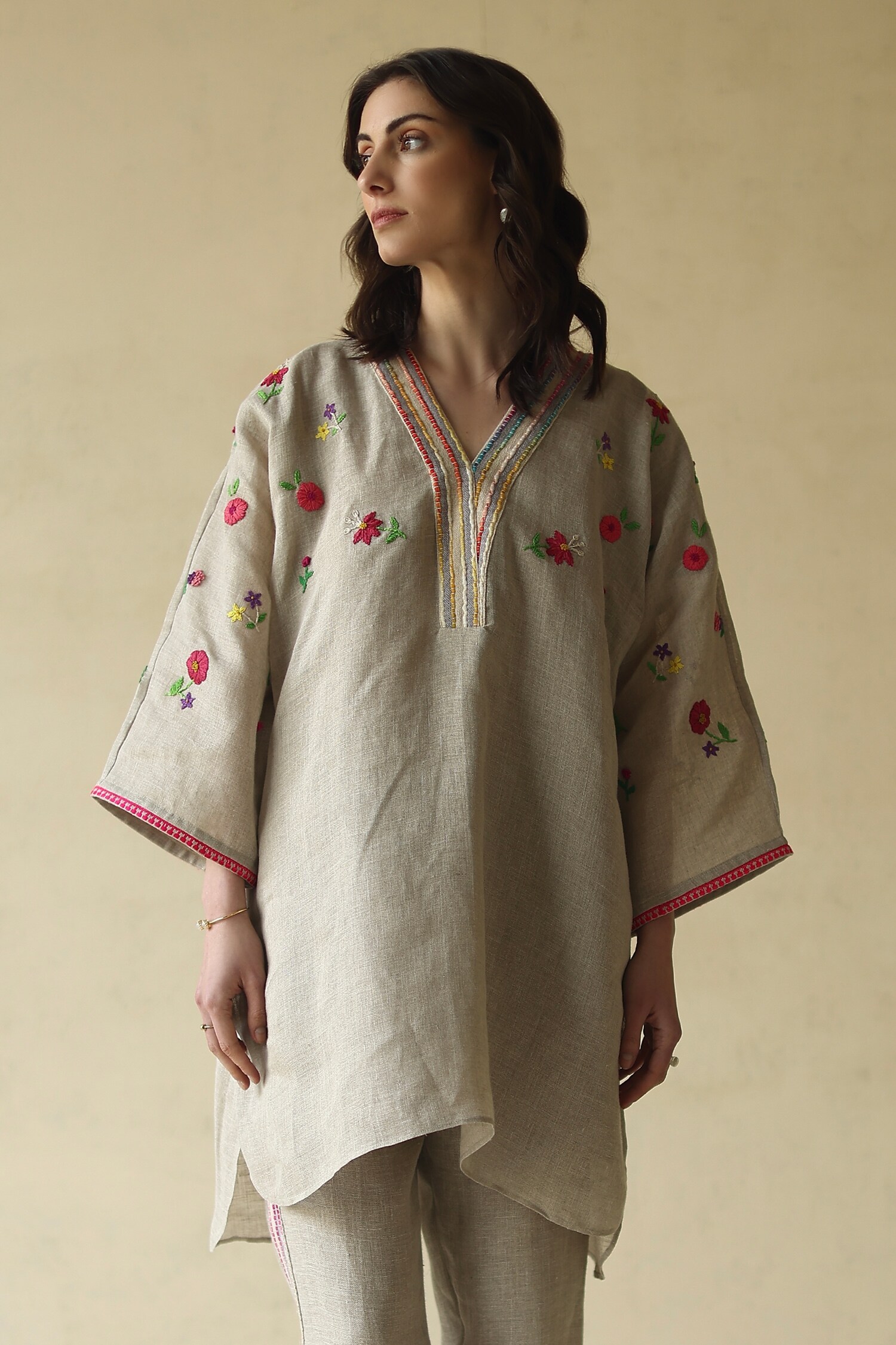 Buy Beige Hand Embroidered Kaftan-cut Tunic For Women by Roza Pret ...