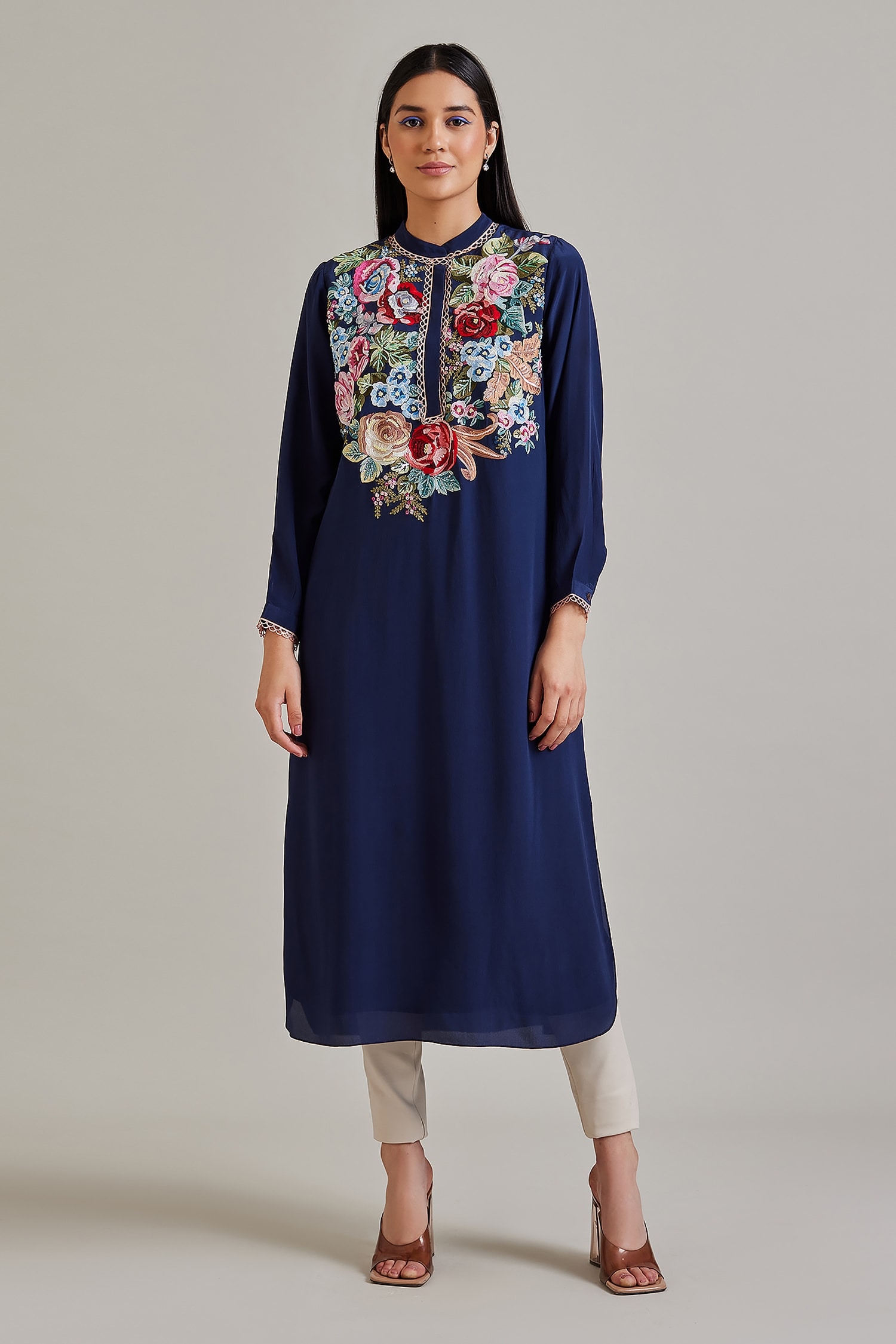 Buy Blue Silk Crepe Hand Embellished 3d Floral Peony Long Tunic For