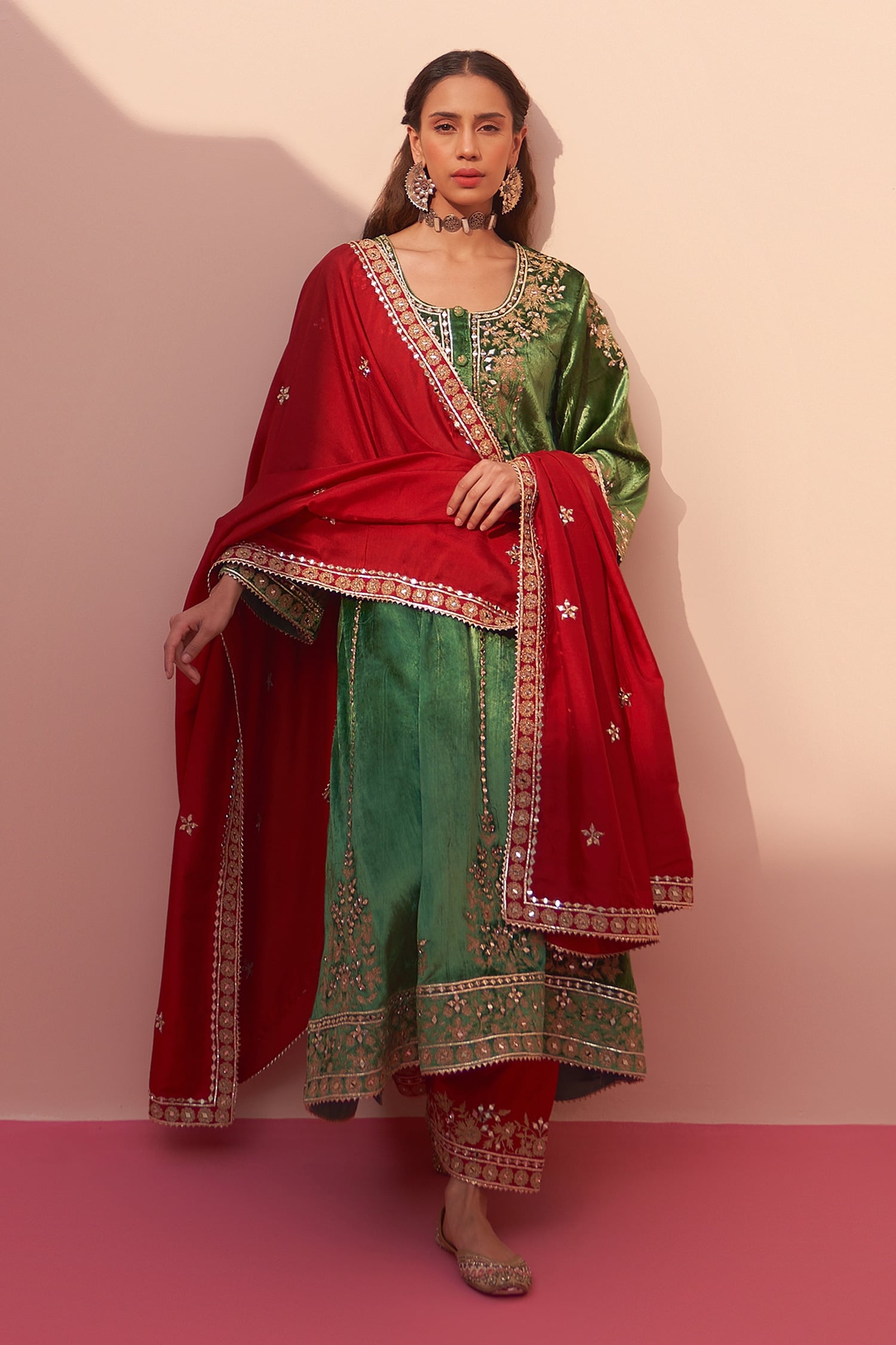 Buy Green Velvet Embroidered Floral U Neck Choga Salwar Set For Women ...