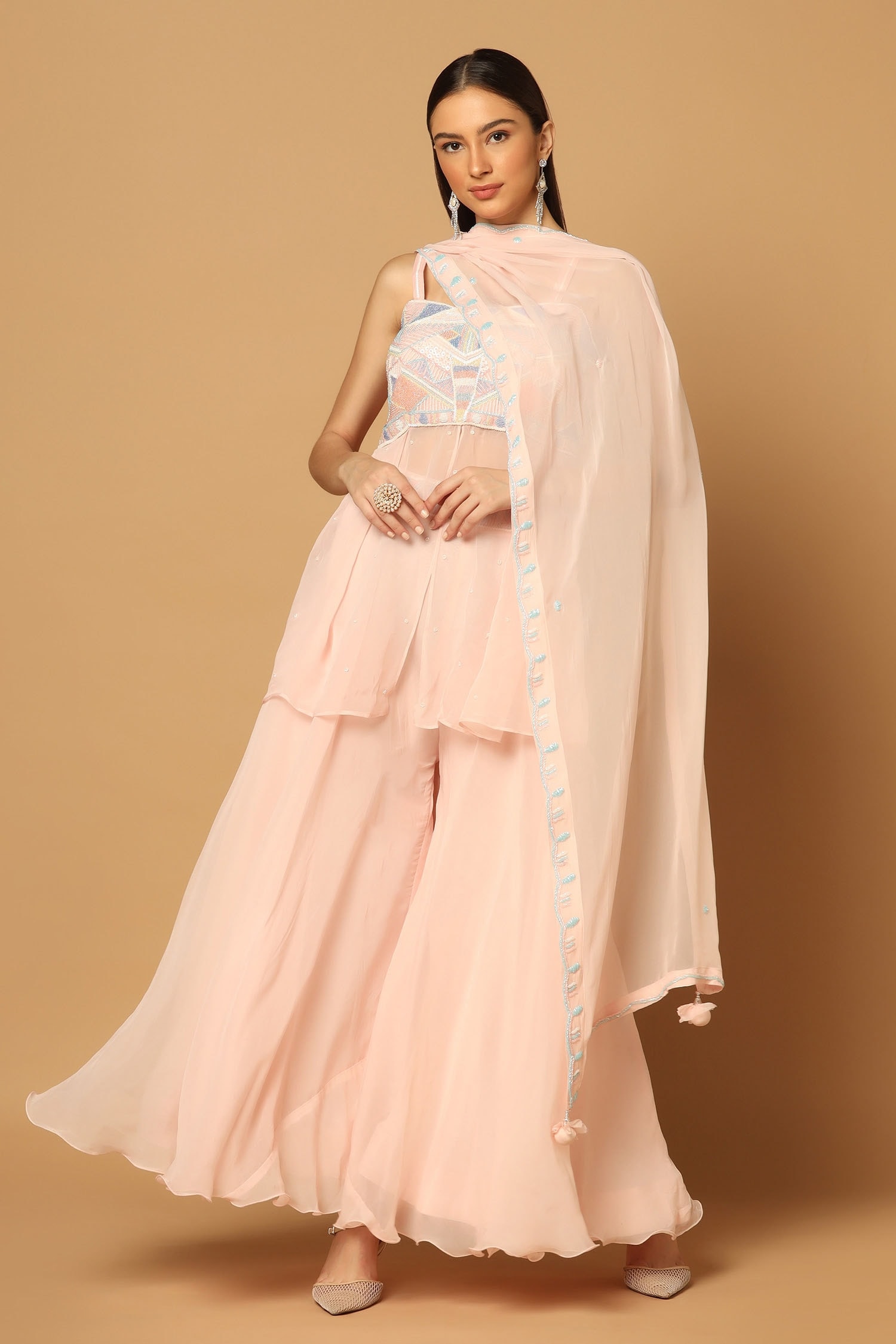 Buy Pink Georgette Embroidery Cutdana And Beads Straight Peplum Top ...