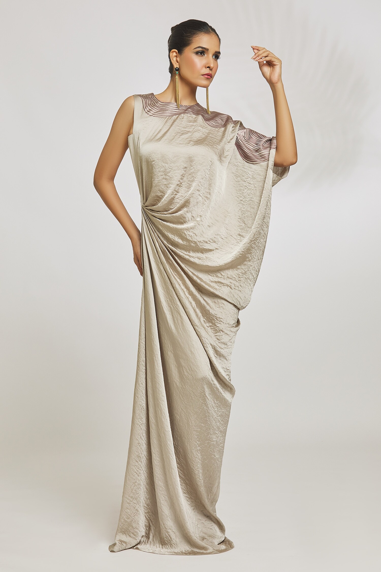 Buy Beige Hammered Satin Embroidery Stripe Round Pattern Draped Dress ...