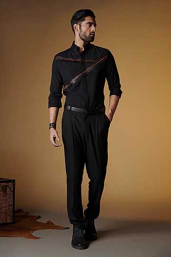 Buy Black Terylene Embellished Faux Leather Fringes And Rivets Shirt ...
