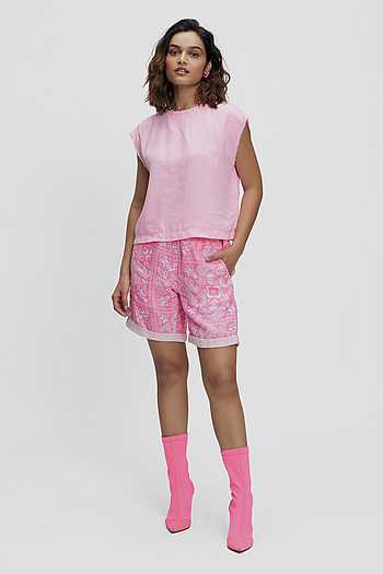 Buy Terra Luna Pink Linen Magyar Sleeve T-shirt Online | Aza Fashions