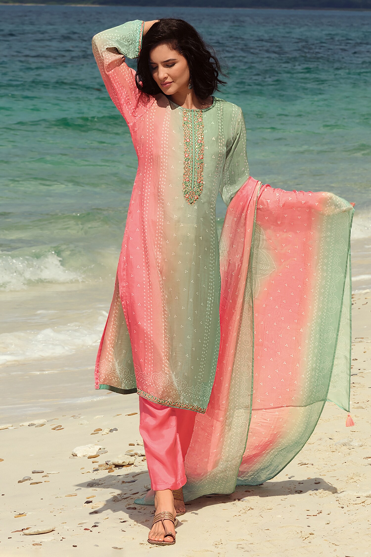 Buy Green Kurta And Dupatta: Viscose Organza Printed Bandhej Ombre Set ...