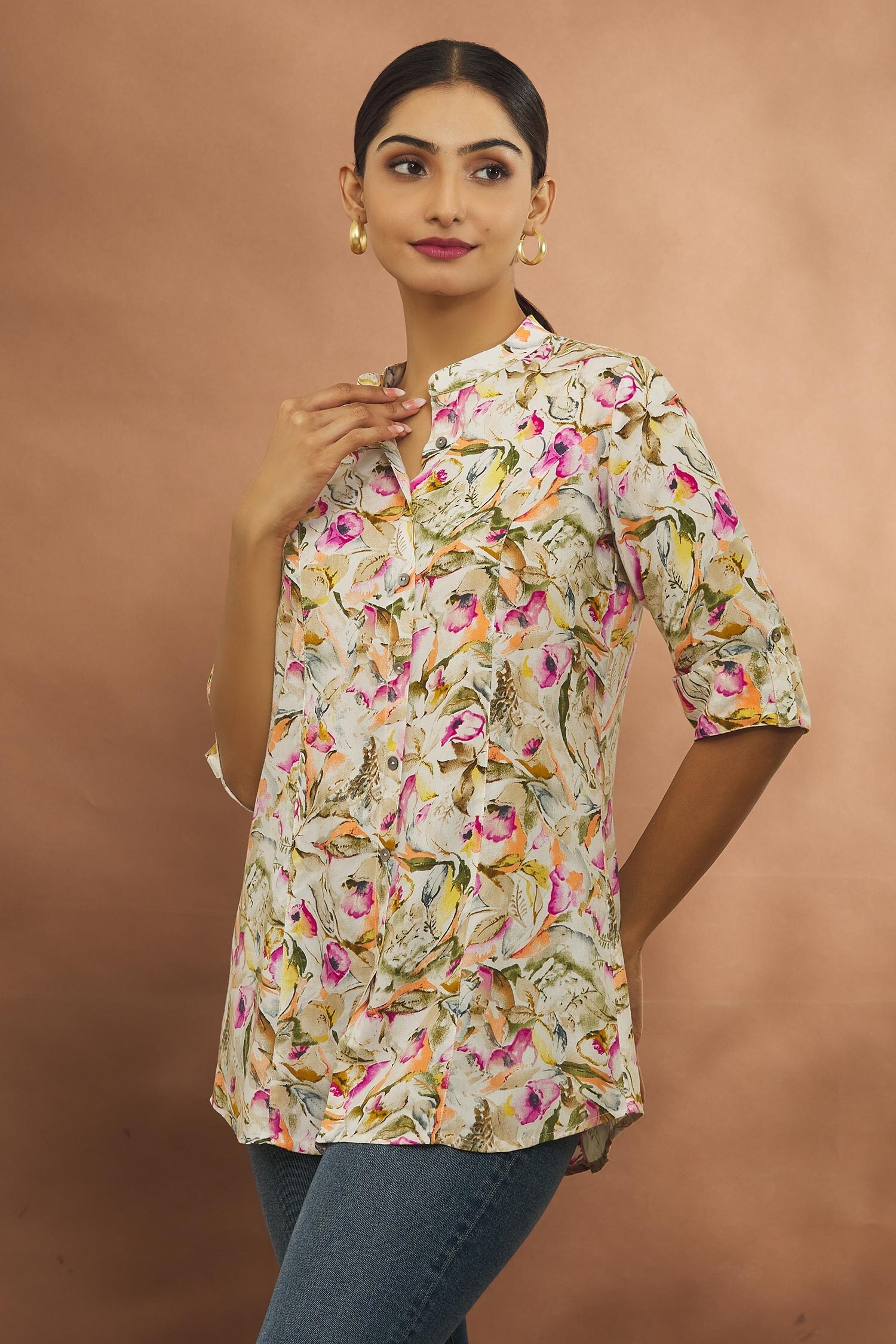 Buy Multi Color Rayon Printed Botanic Mandarin Collar Tab Sleeve Shirt ...