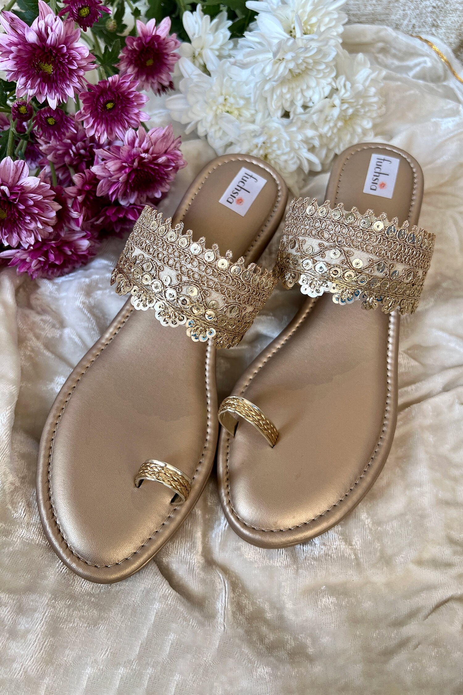 Buy Gold Sequin And Cord Work Kolhapuri Platform Wedges by Fuchsia ...