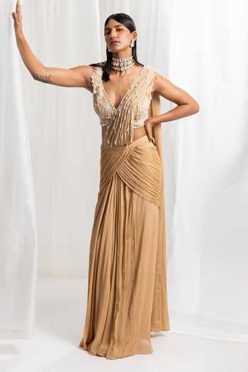 Buy Gold Choli- Georgette Hand Embroidered Pre-draped Saree With Pearl ...