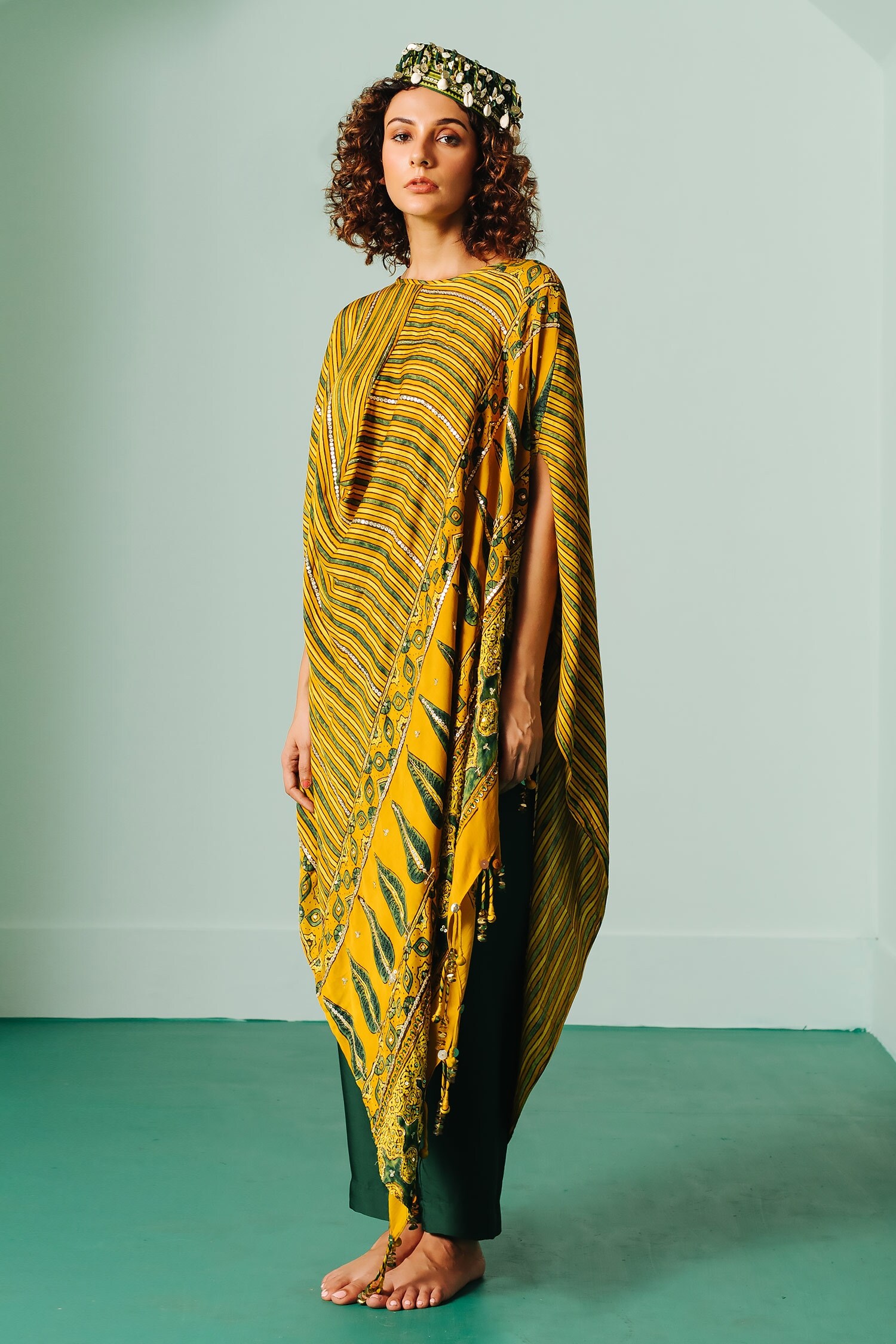Buy Yellow Satin Hand Block Printed Ajrakh Round Kaftan And Pant Set ...