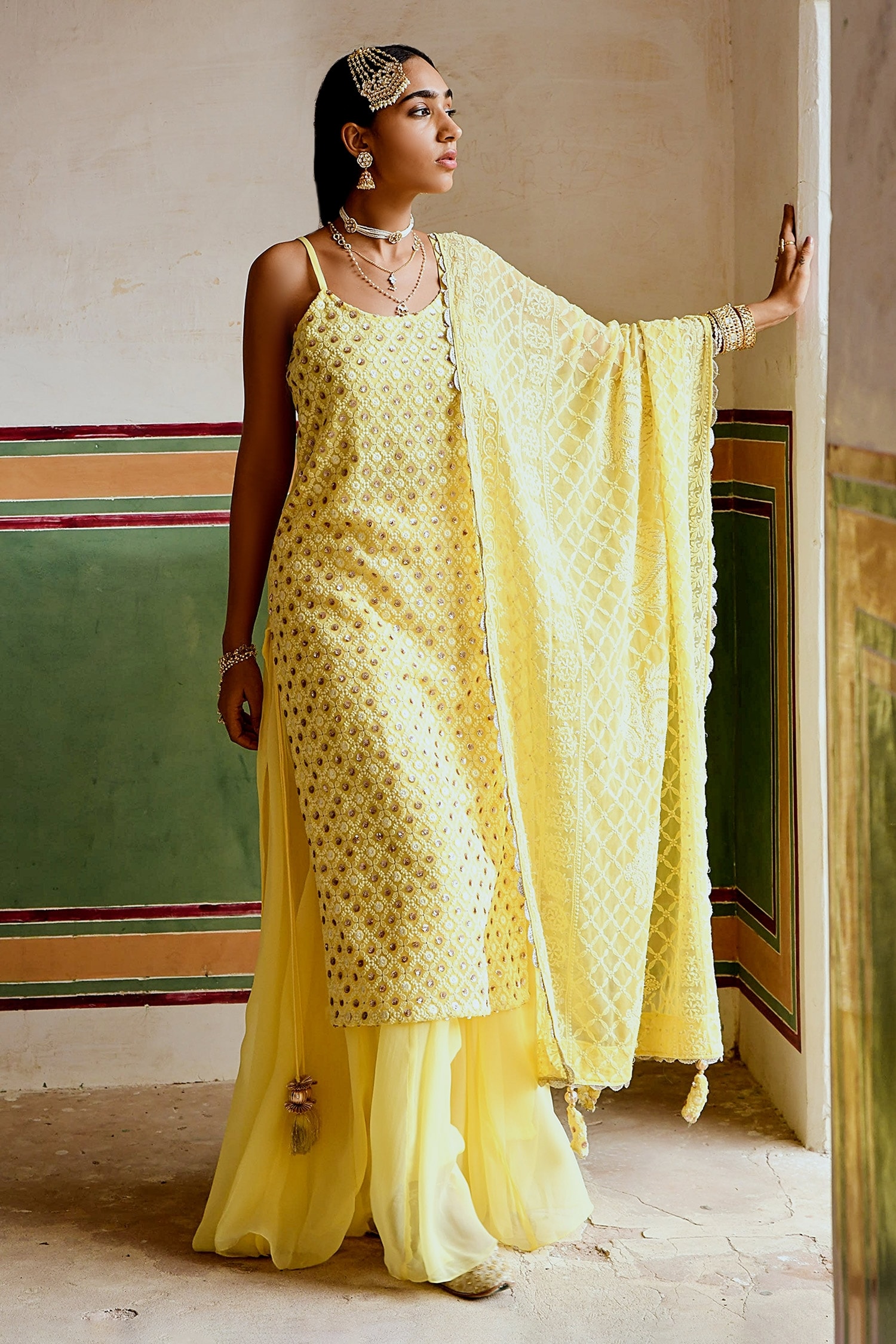 Buy Yellow Georgette Chikankari Trellis Round Neck Kurta And Gharara ...