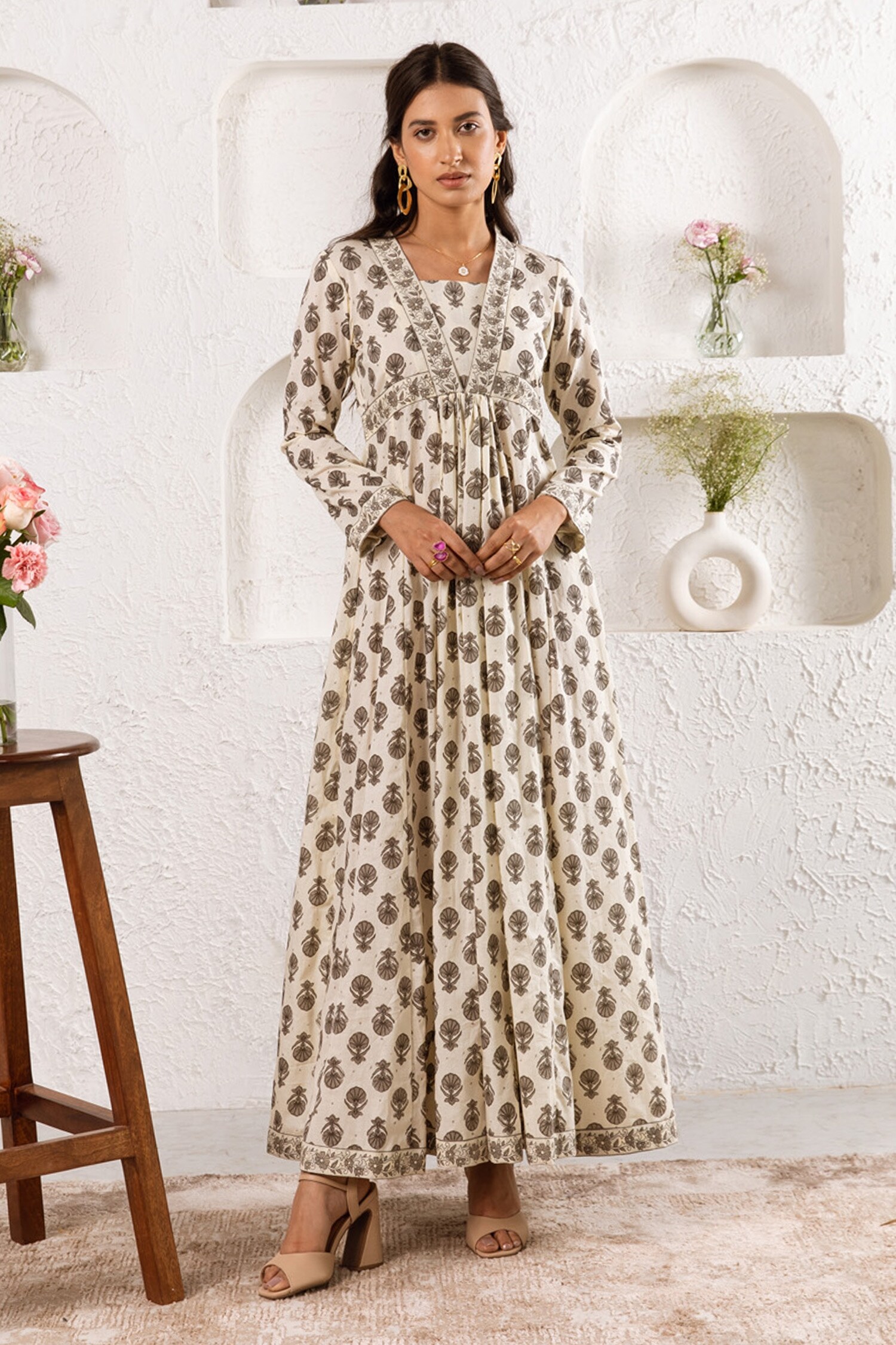 Buy Rivaaj Clothing Beige Cotton Floret Print Gathered Dress Online ...