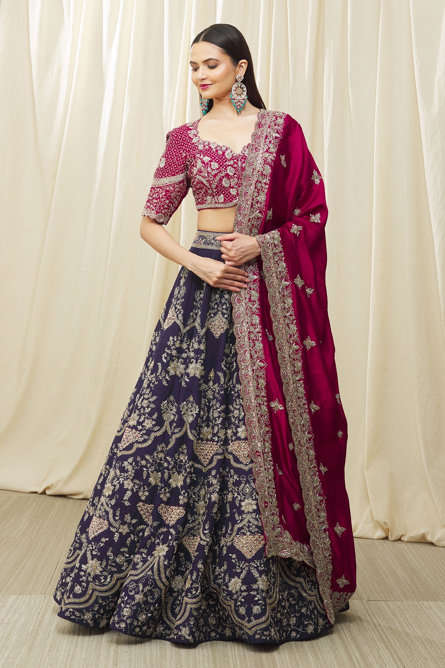 Buy Purple And Raw Embroidery Aari Floral Bridal Lehenga Set For Women ...
