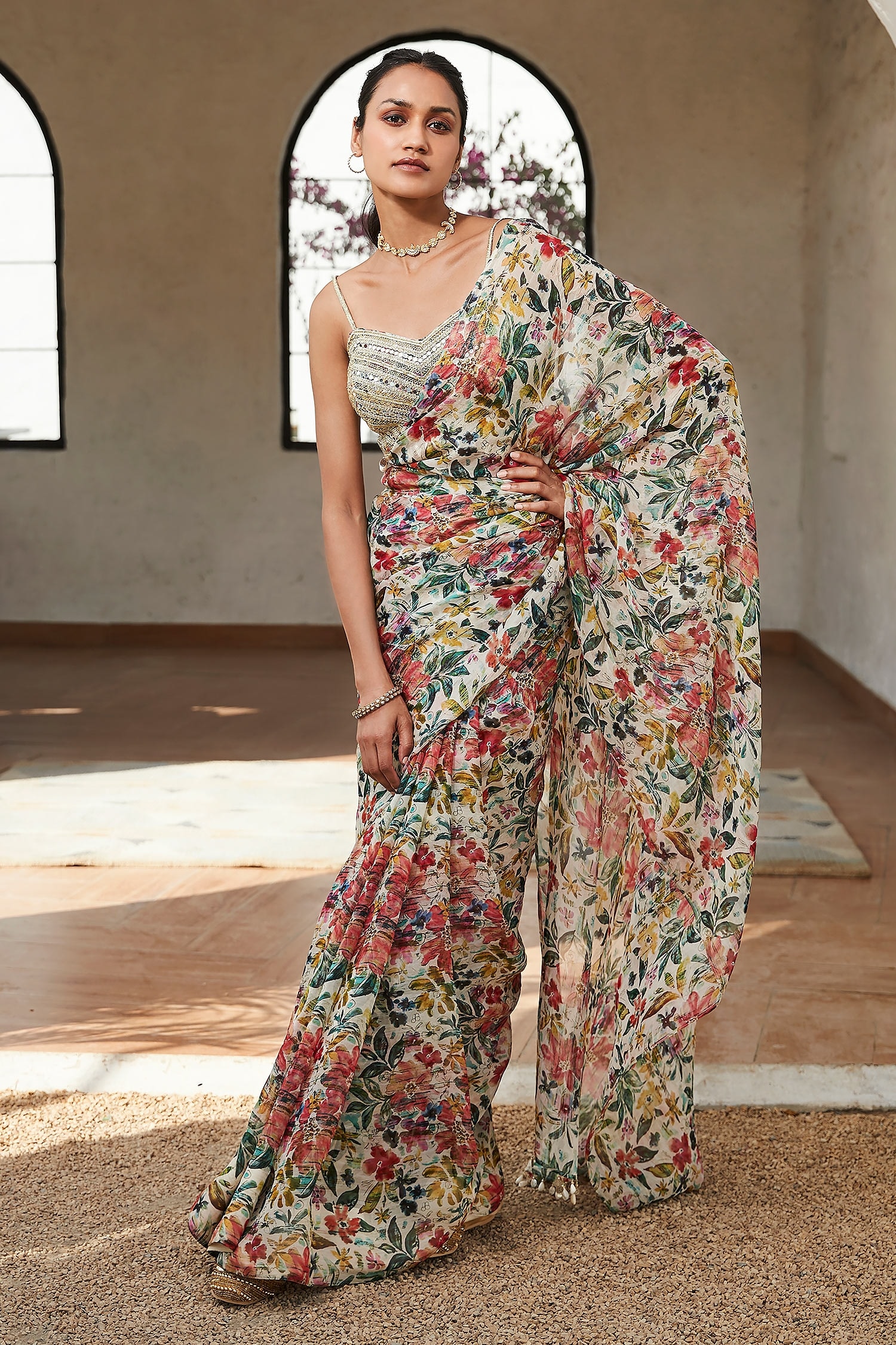 Buy Multi Color Viscose Organza Printed Botanical Sweetheart Neck Saree ...