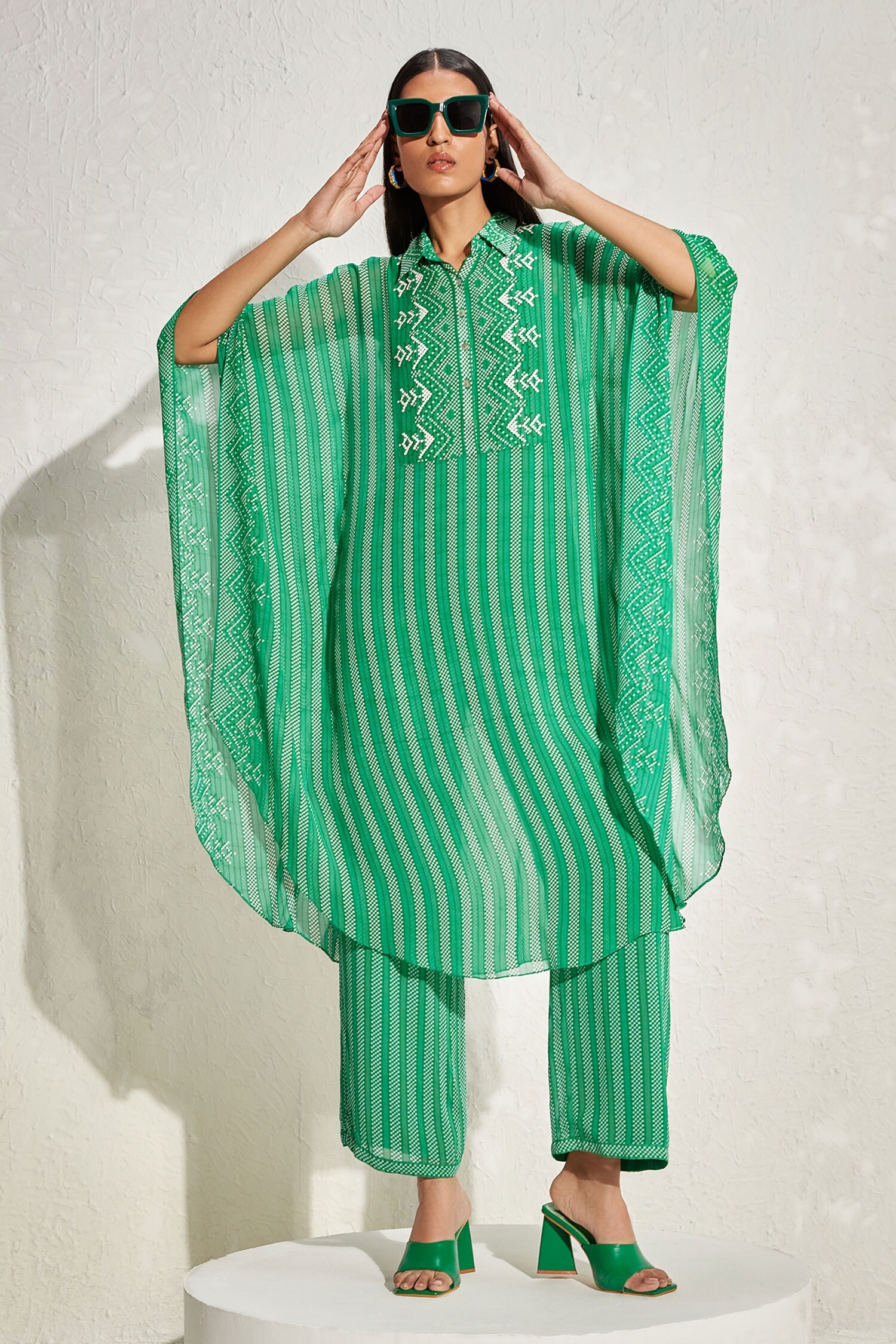 Buy Green Georgette Striped Patterns Collared Aster Kaftan And Pant Set For Women by Namrata ...