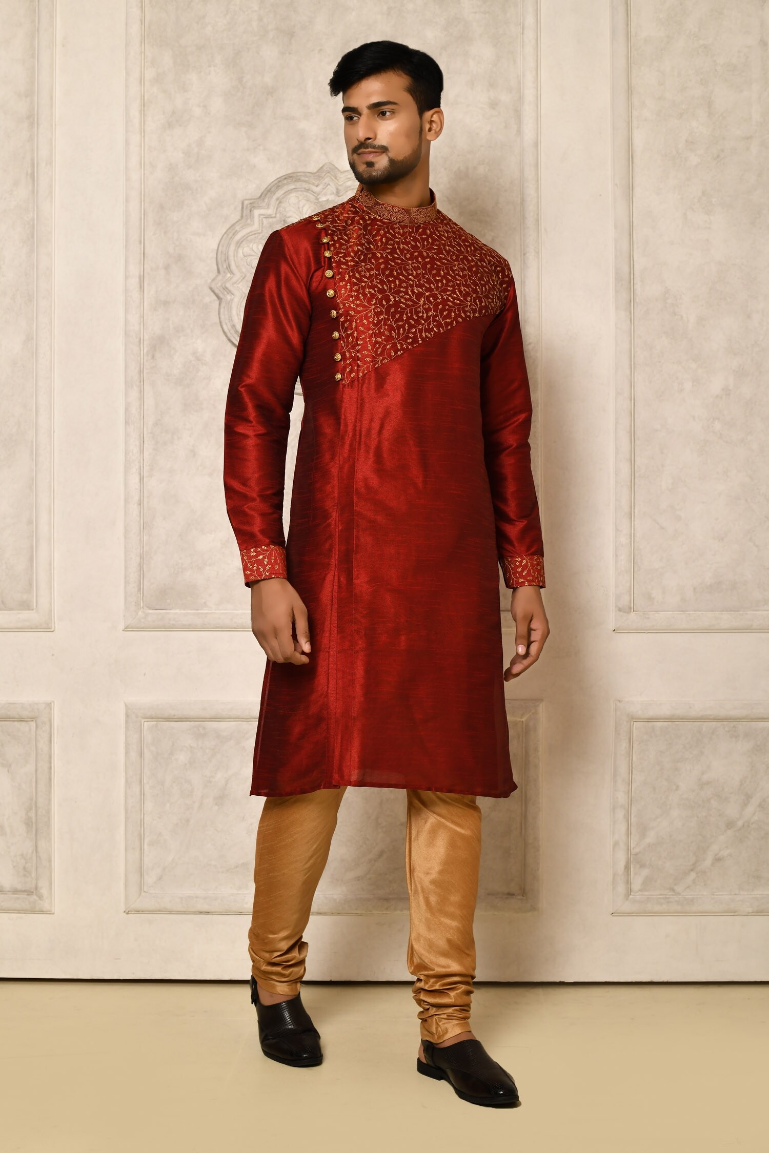 Buy Maroon Kurta Embroidered Dhupion Leaves Bodice Set For Men by ...