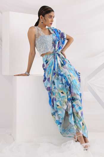Buy Blue Chinnon Embroidery Wind And Wave Pre-draped Saree With Blouse ...