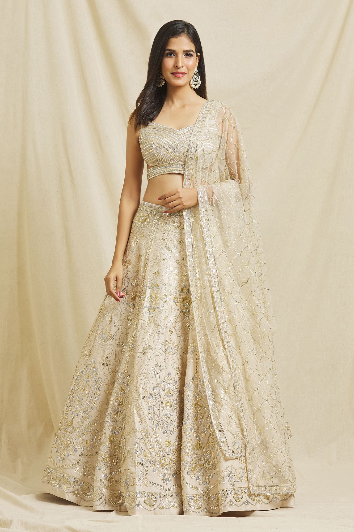 Buy Off White Dupion Silk Embellished Sona Chandi Sequin Lehenga Set ...