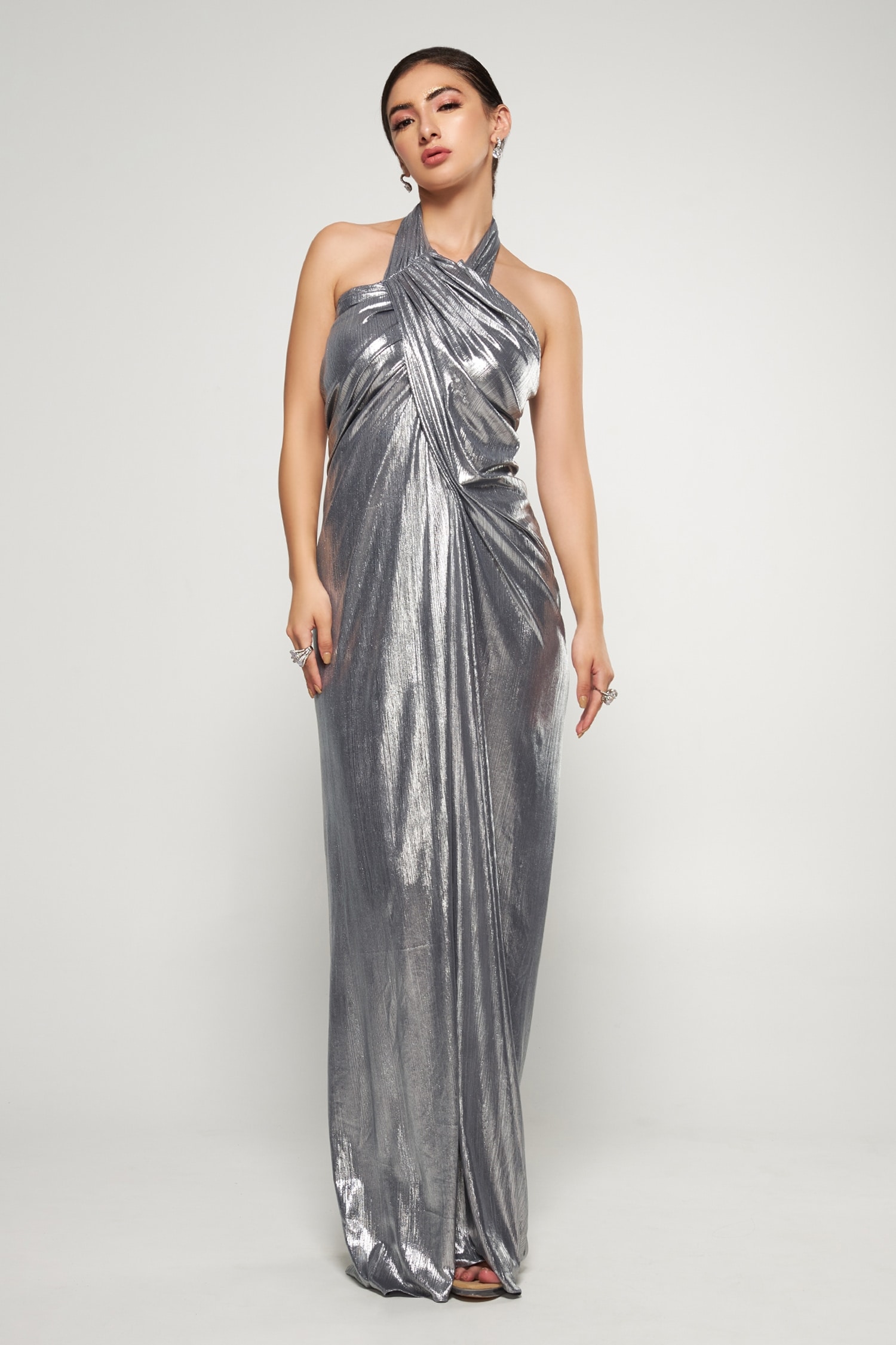 Buy Silver Stretch Knit Foil Solid Halter Neck Metallic Gown For Women ...