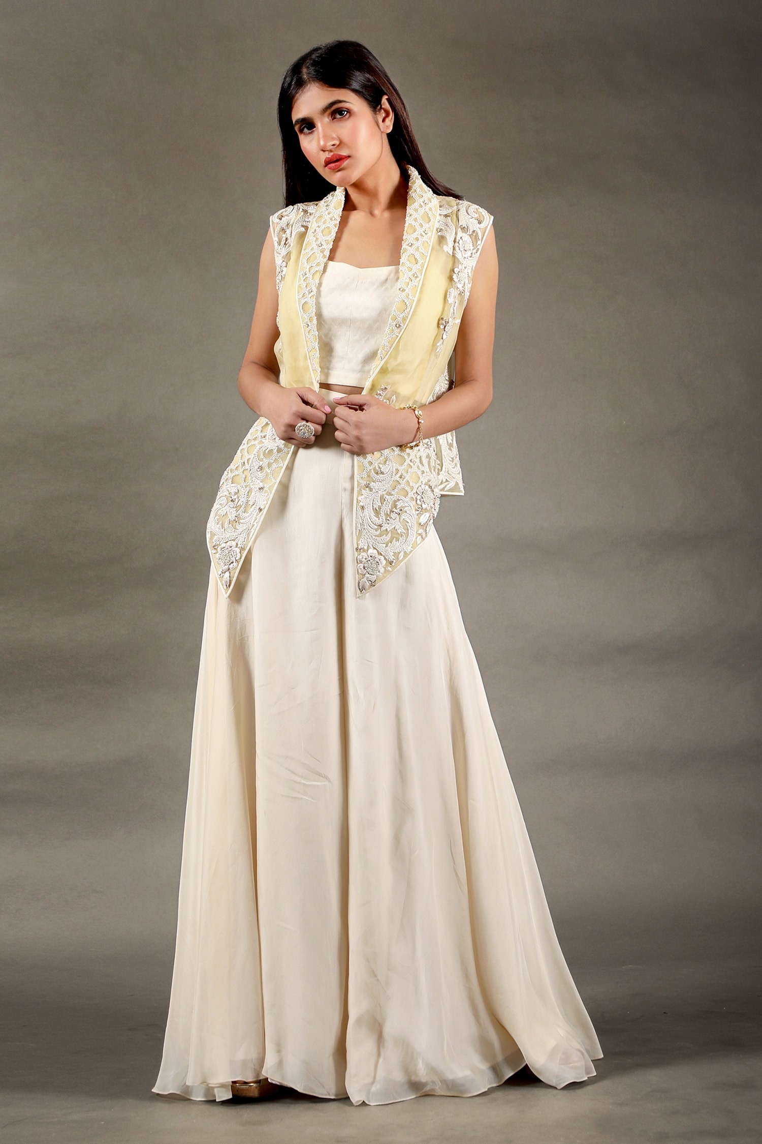 Buy Yellow Bustier Chanderi Embroidered Pearl Jacket Front Palazzo Set ...