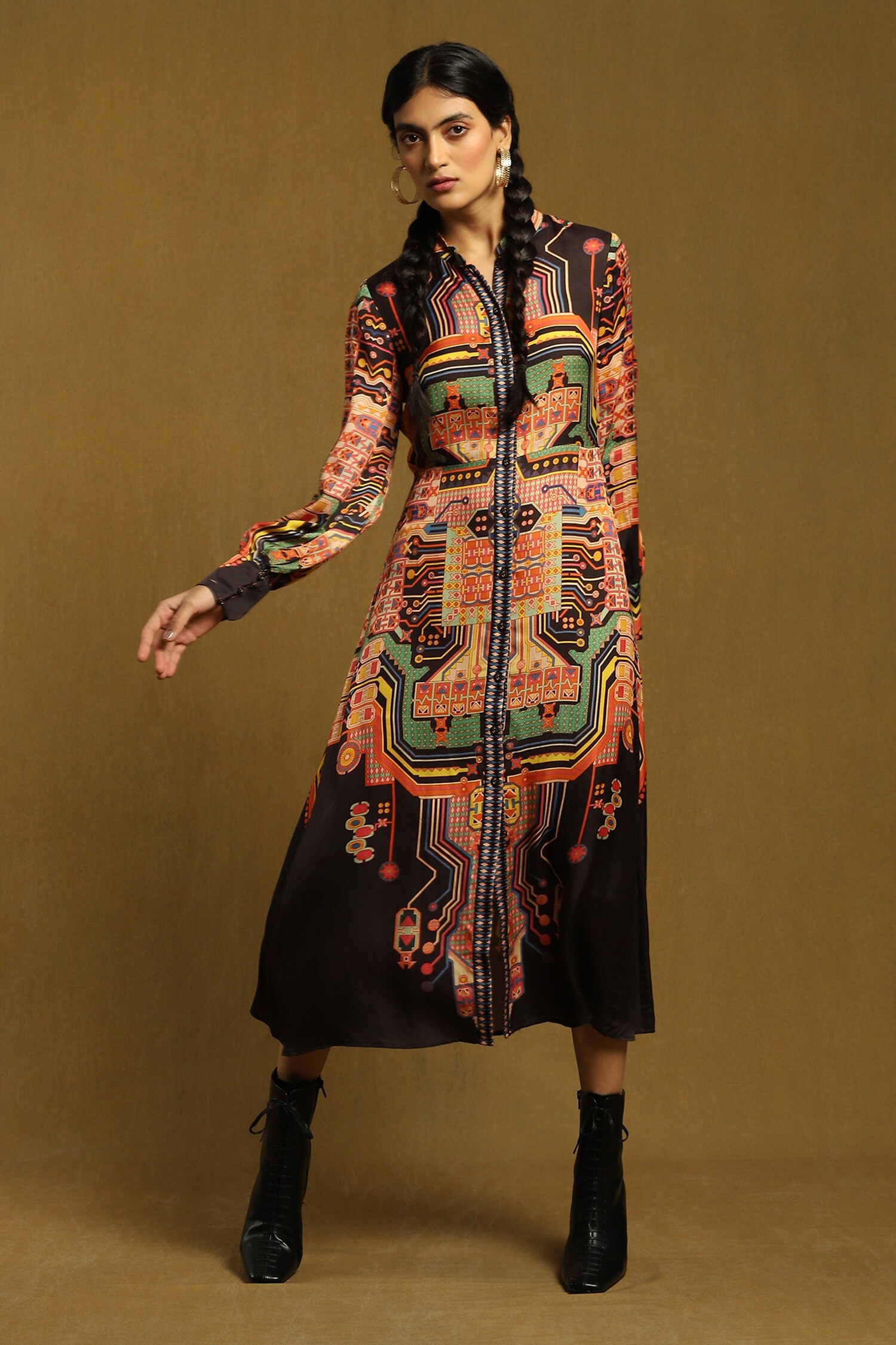 Buy Ritu Kumar Black Dheri Satin Geometric Print Shirt Dress Online ...