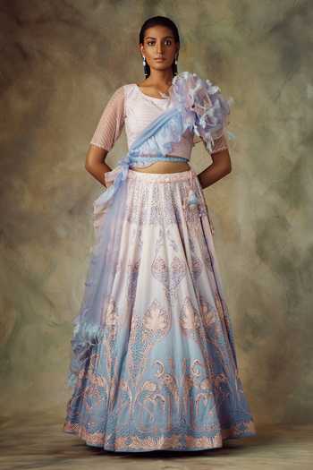 Buy Shilpi Gupta Pink Silk Satin Flamingo Motifs Embroidered Lehenga ...