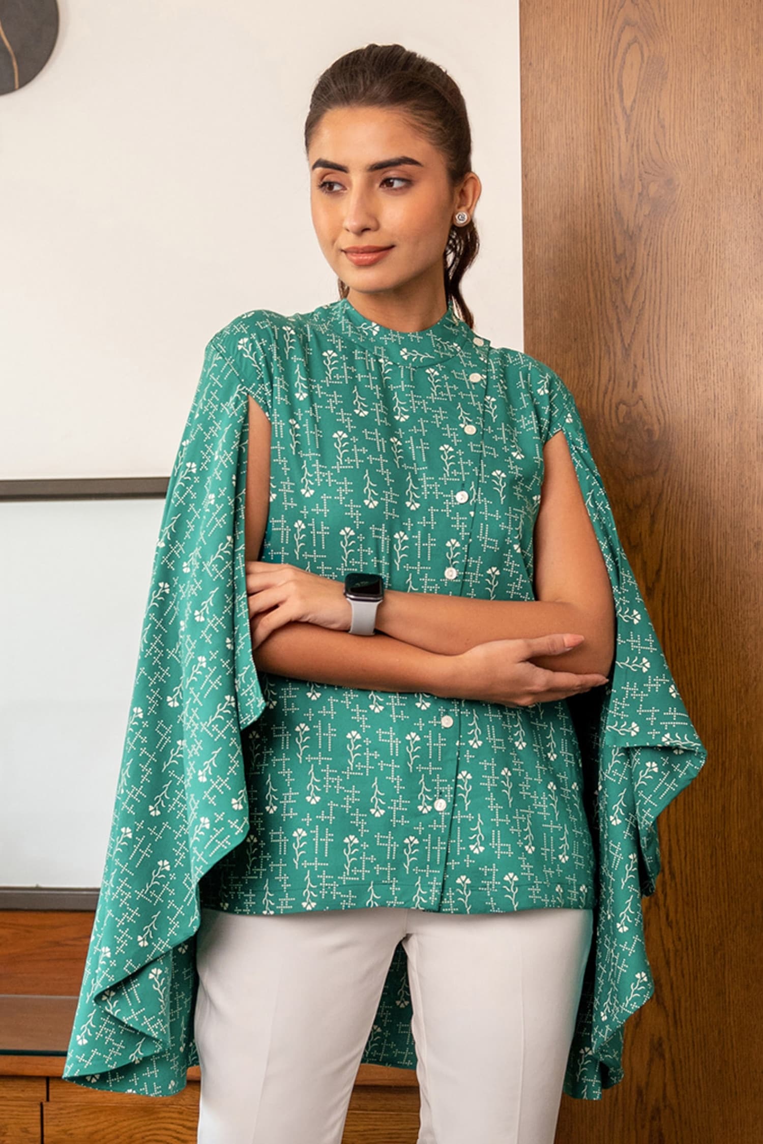 Buy Green Rayon Printed Floral Sprig Band Collar Cape Shirt For Women ...