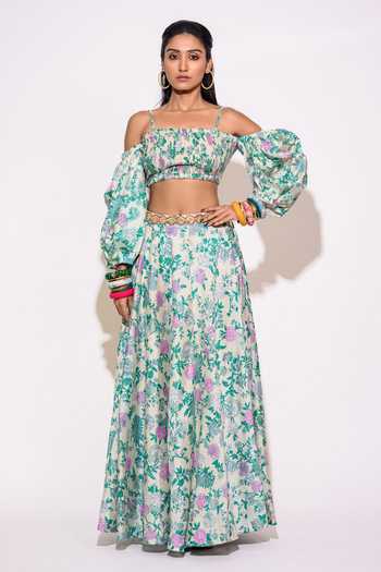 Buy Green Silk Print And Embroidery Floral Square Neck Skirt & Blouse ...