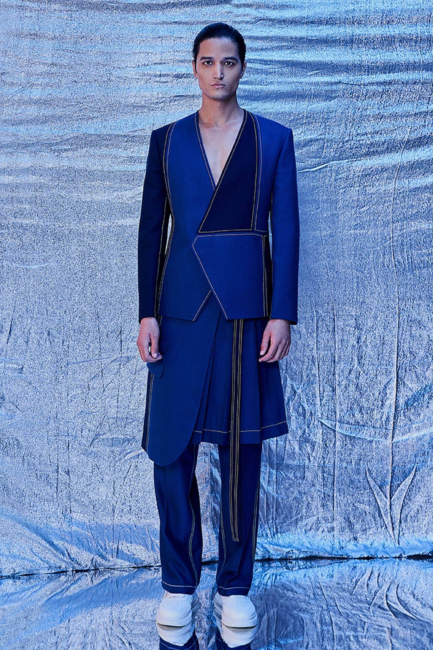 Buy Line out line Blue Cotton Geometric Panelled Jacket Online | Aza ...