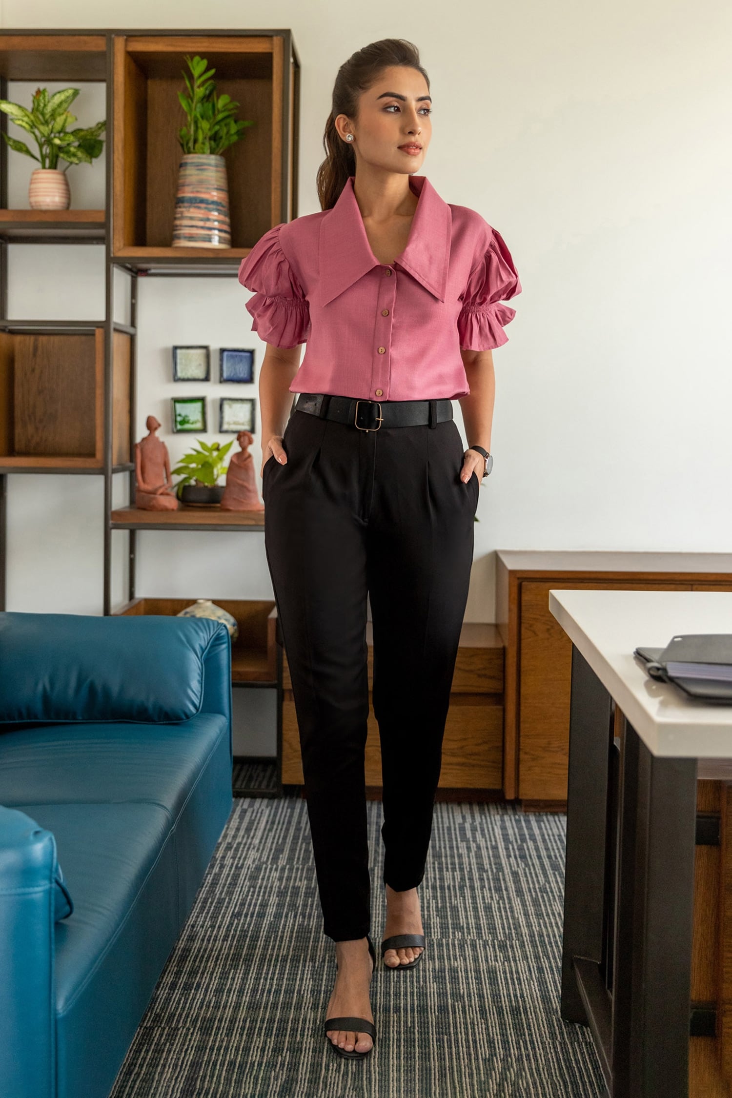 Buy Pink Cotton Collared Neck Shirt For Women by B'Infinite Online at ...