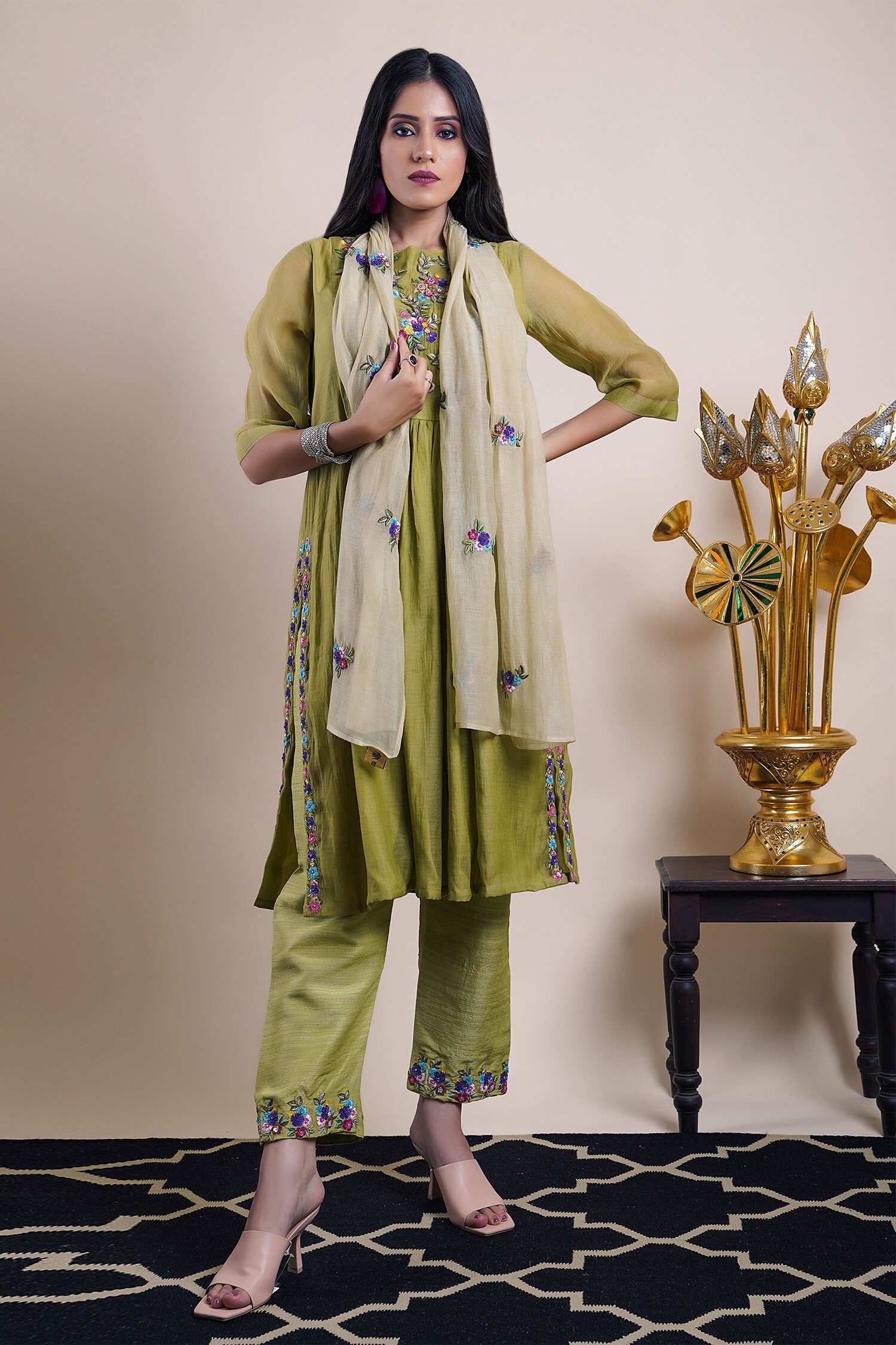 Buy Green Kurta And Stole Organic Cotton Silk Embroidery Sequin Yoke ...