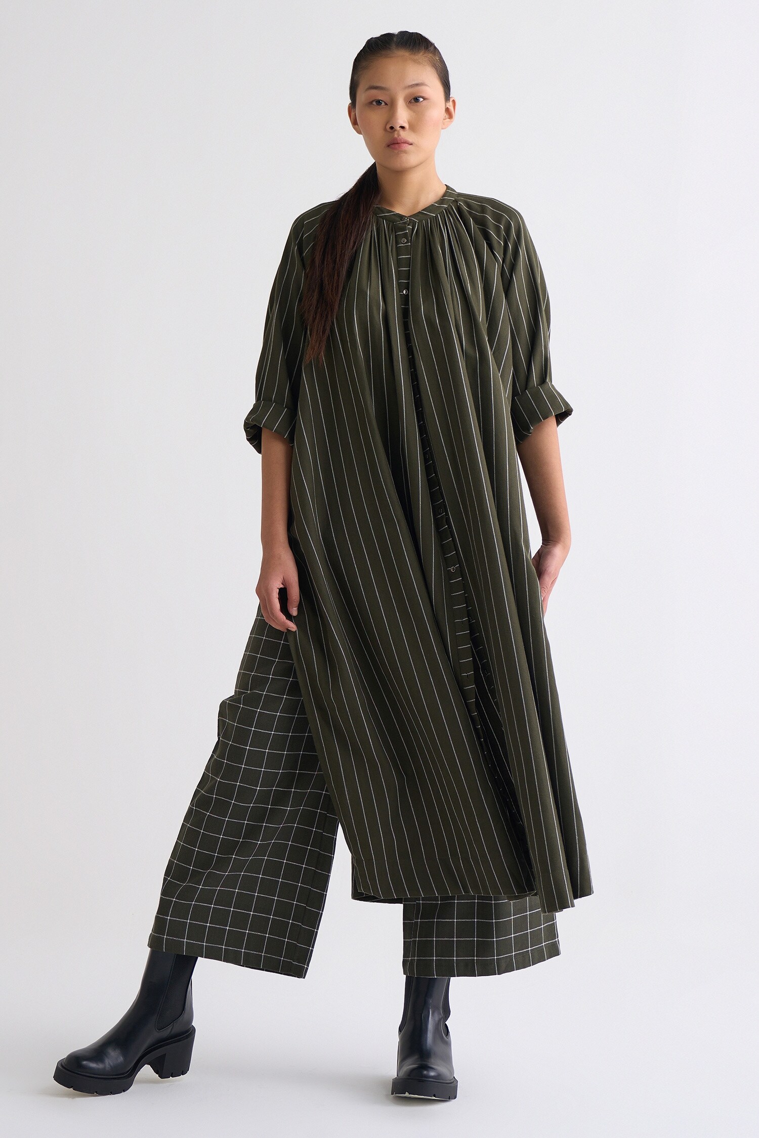 Buy Green Melange Striped Band Collar Gathered Shirt Tunic Set For ...