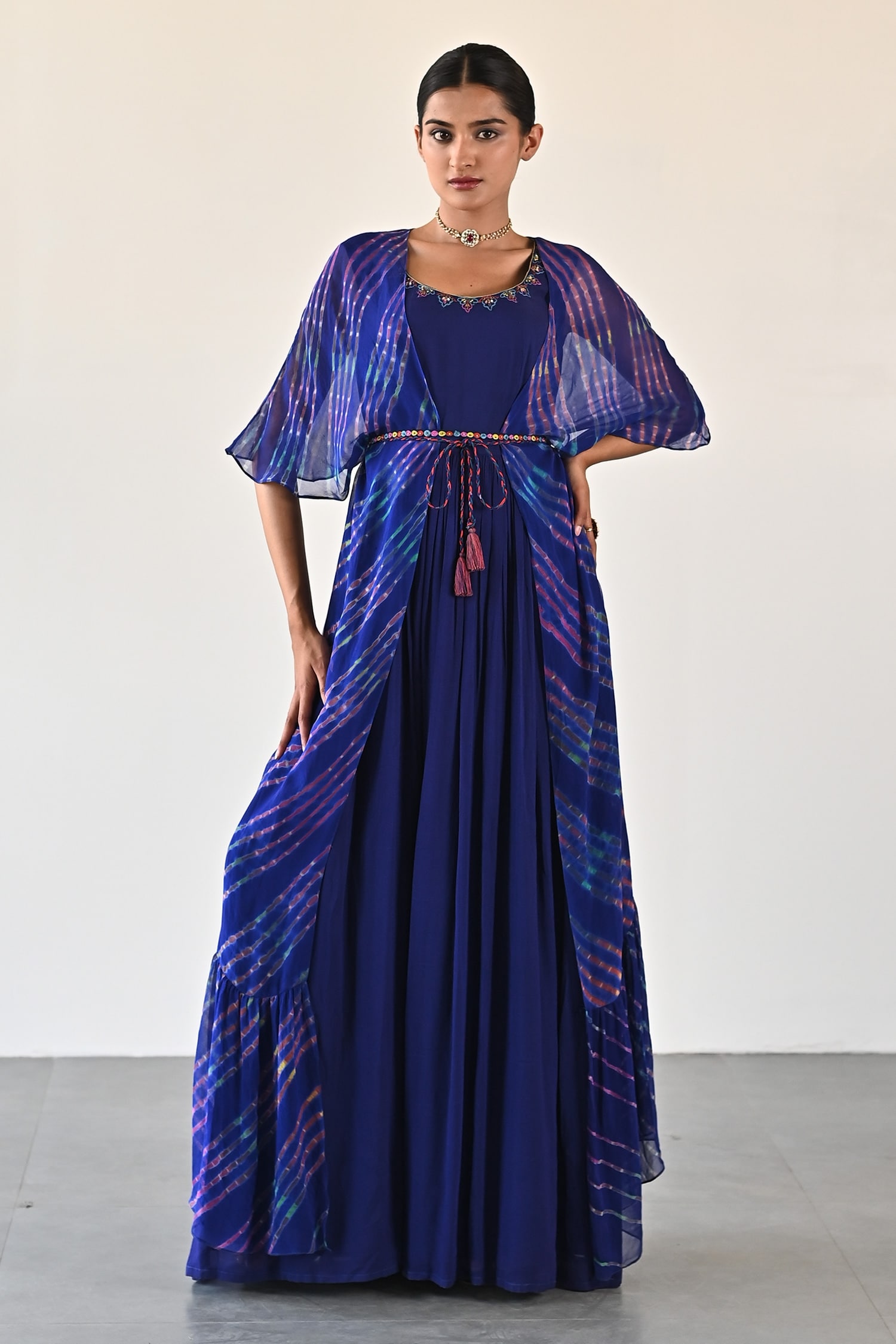 Buy Blue Georgette Leheriya Pattern And Embroidered Beads Cape: & Dress ...