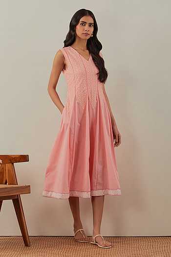Buy Peach Cotton Embroidery Thread V Neck Mastani Dress For Women by ...